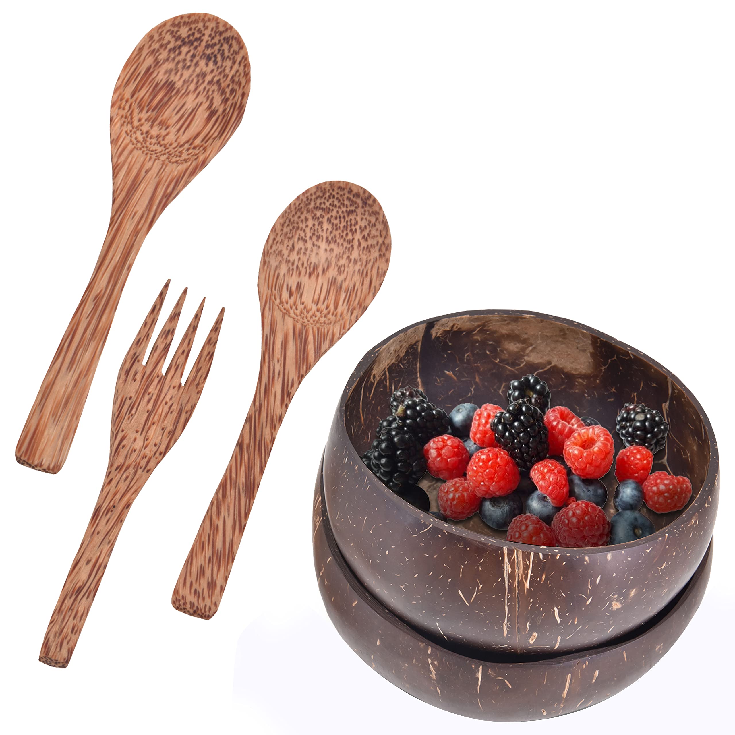 Premium Natural Thai Polished Coconut Wooden Bowl And Spoon Set, Hand Carved Wood Spoons, Perfect Eco-Friendly Gifts for Vegan, Buddha Bowls, Acai Smoothie Drinking Cups - Set of 2