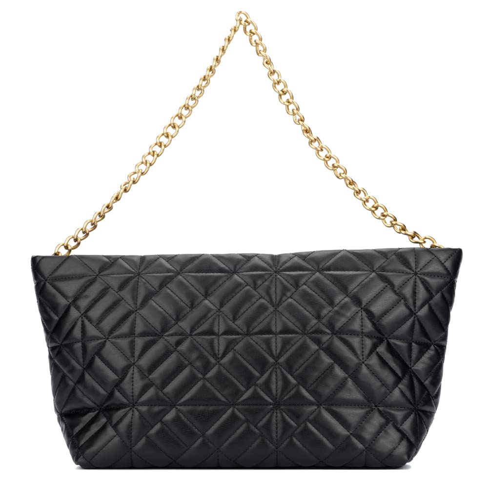 Olivia Miller Women's Fashion Mina PVC Quilted Black Shoulder Tote Bag w Chunky Gold Chain Strap, Medium Weekender Casual Purse Handbag