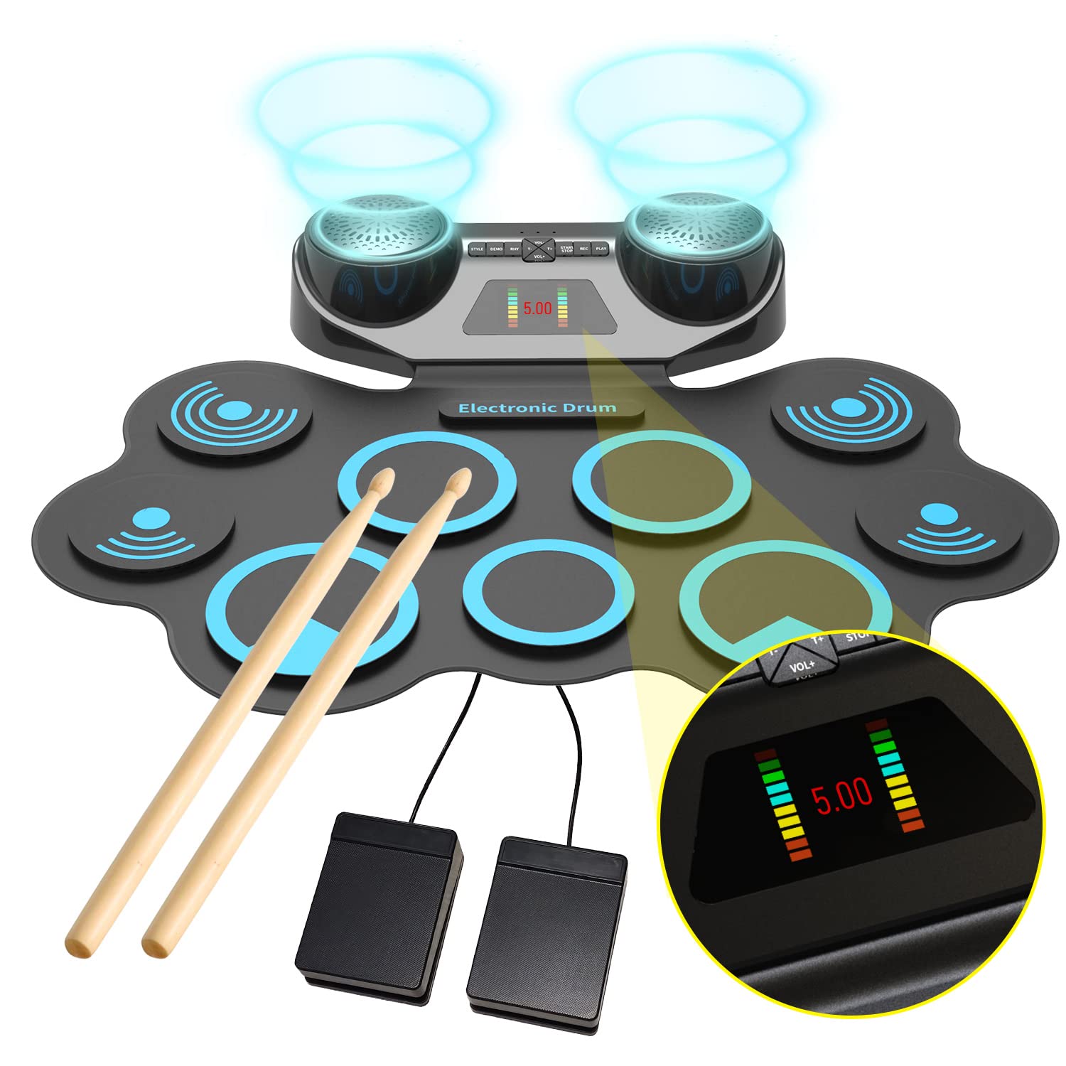 KONIX 9 Pads Electronic Drum Set - Electric Roll Up Drum Practice Pad with LED Screen - Midi Drums Kit Built-in Speaker, MP3 USB Port, Headphone Jack, 8 Demo Songs, Pedals, Sticks, 10 Hours Playtime