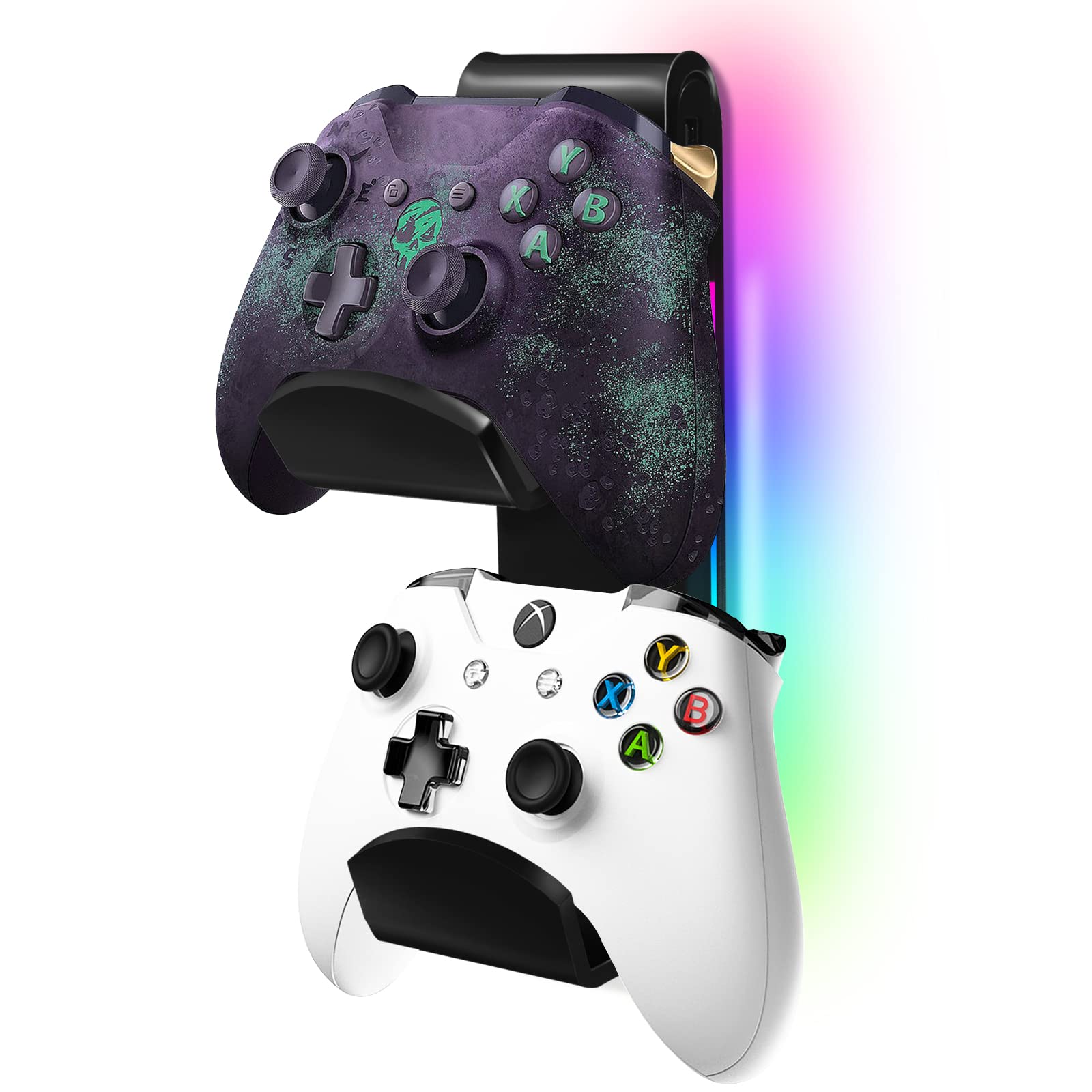 RGB Game Controller Charger & Headset Wall Mount Holder with 10 Lighting Modes & 2 USB Charger Ports, Gamepad & Headphone Hanger for Xbox, Xbox 360, PS3, PS4, PS5, Switch, Great for Gaming Stations, Fancy Desk Gamer Accessories