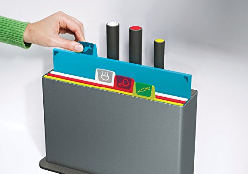 Joseph Joseph Index Plastic Cutting Board Set with 4 Matching Knives and Storage Case Color-Coded Dishwasher-Safe Non-Slip, Small, , Silver with Knives