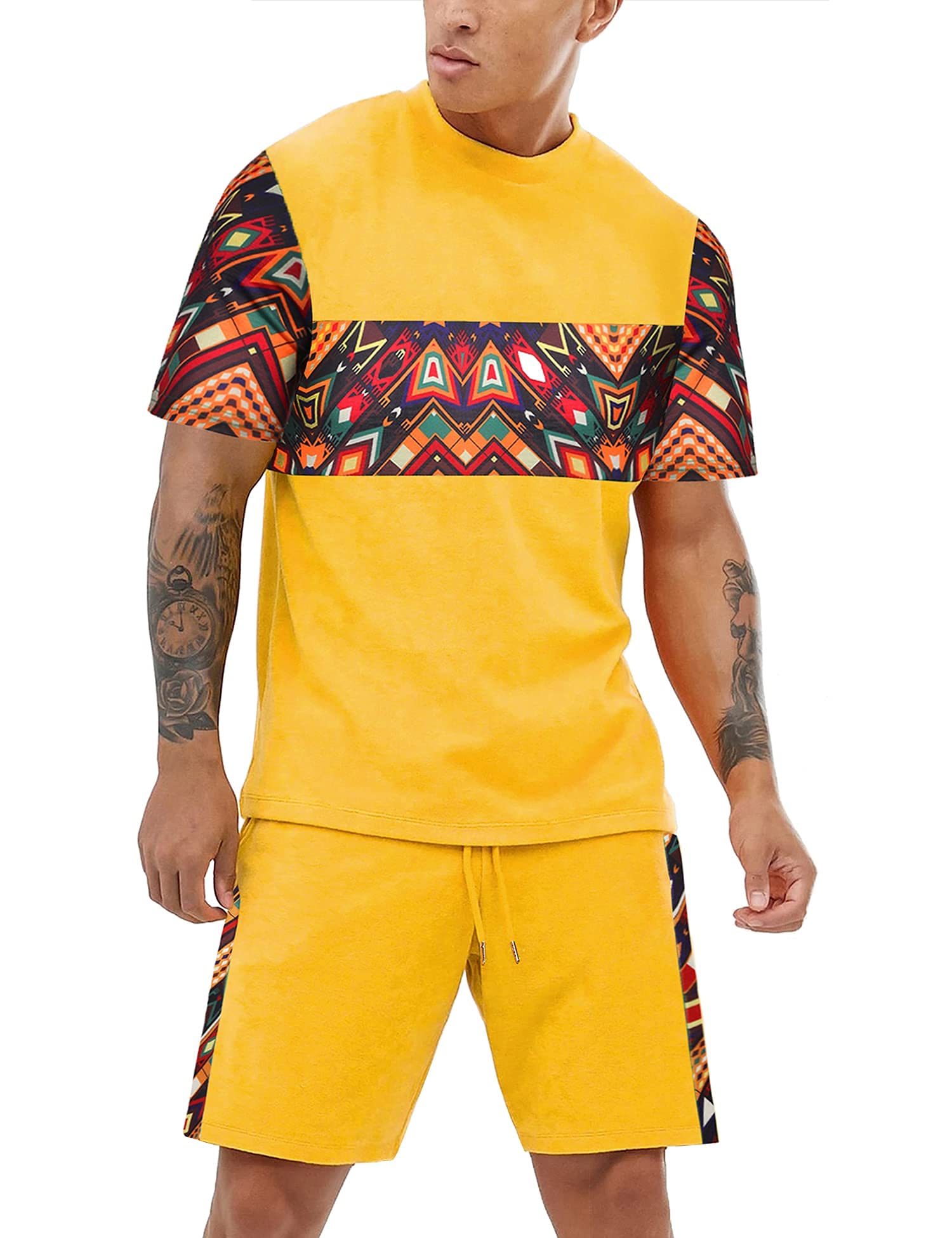 KINGBEGA Men's African Pattern Printed T-Shirt and Shorts Set Sports Mesh Tracksuit Dashiki Outfits