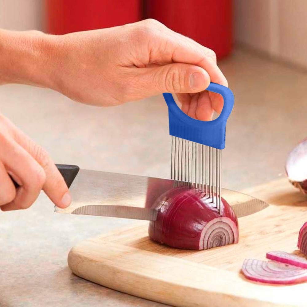 Kitchen Cutting Tool Slicer, Tomato Onion Vegetables Slicer Cutting Aid Holder Guide Slicing-Cutter Stainless Safe-Fork (Blue, One Size)