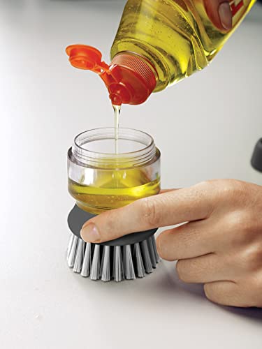 Joseph Joseph Palm Scrub Dish Brush Soap Dispensing Set with Holder, Gray 3.5-inches