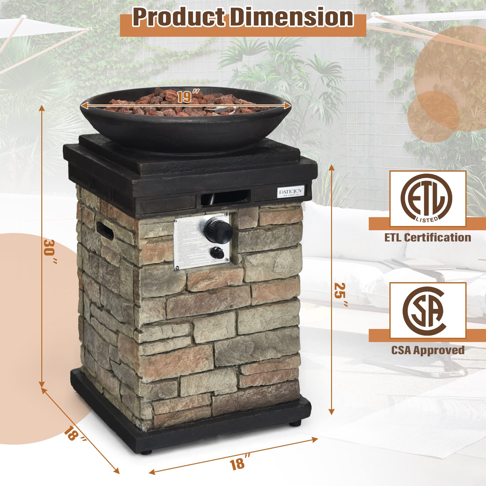 Tangkula Patio Propane Fire Bowl, Patiojoy 40,000BTU Square Fire Pit with Round Bowl, Lava Rocks & Waterproof Cover, Faux Stone Fire Pit Table for Outside Courtyard, Patio, Porch (Natural Stone)