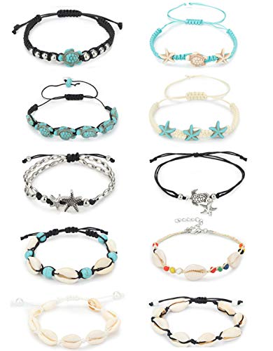 LOYALLOOK 10PCS Shell Turtle Ankle Bracelets Handmade Boho Anklet Jewelry Adjustable Natural Cowrie Shell Beach Bead Anklet for Women