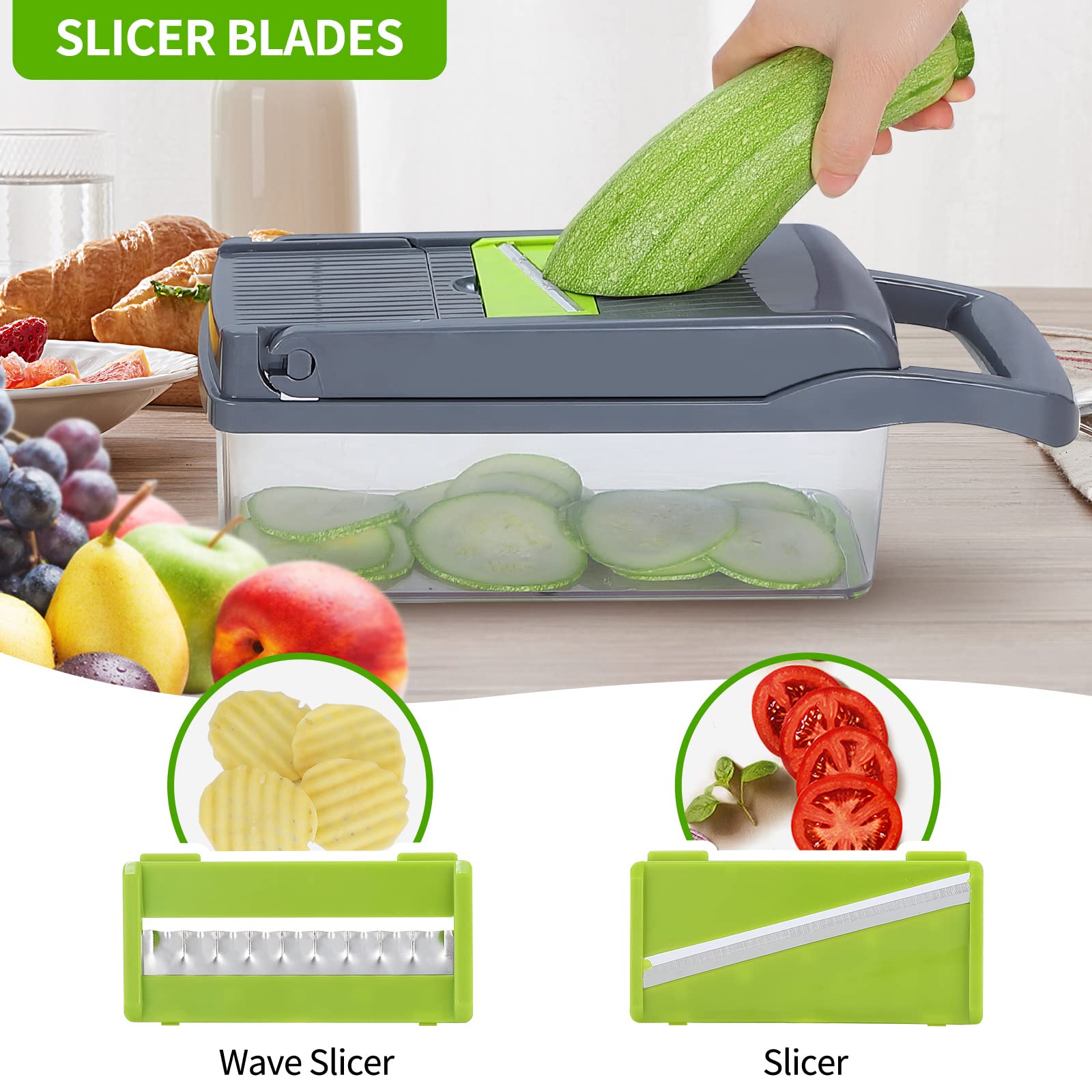 Premium Vegetable Chopper, 7 Blade Veggie Chopper, Cutter, Dicer, 12-in-1 Onion Chopper, Mandolin Slicer, Multifunctional Food Chopper with Container