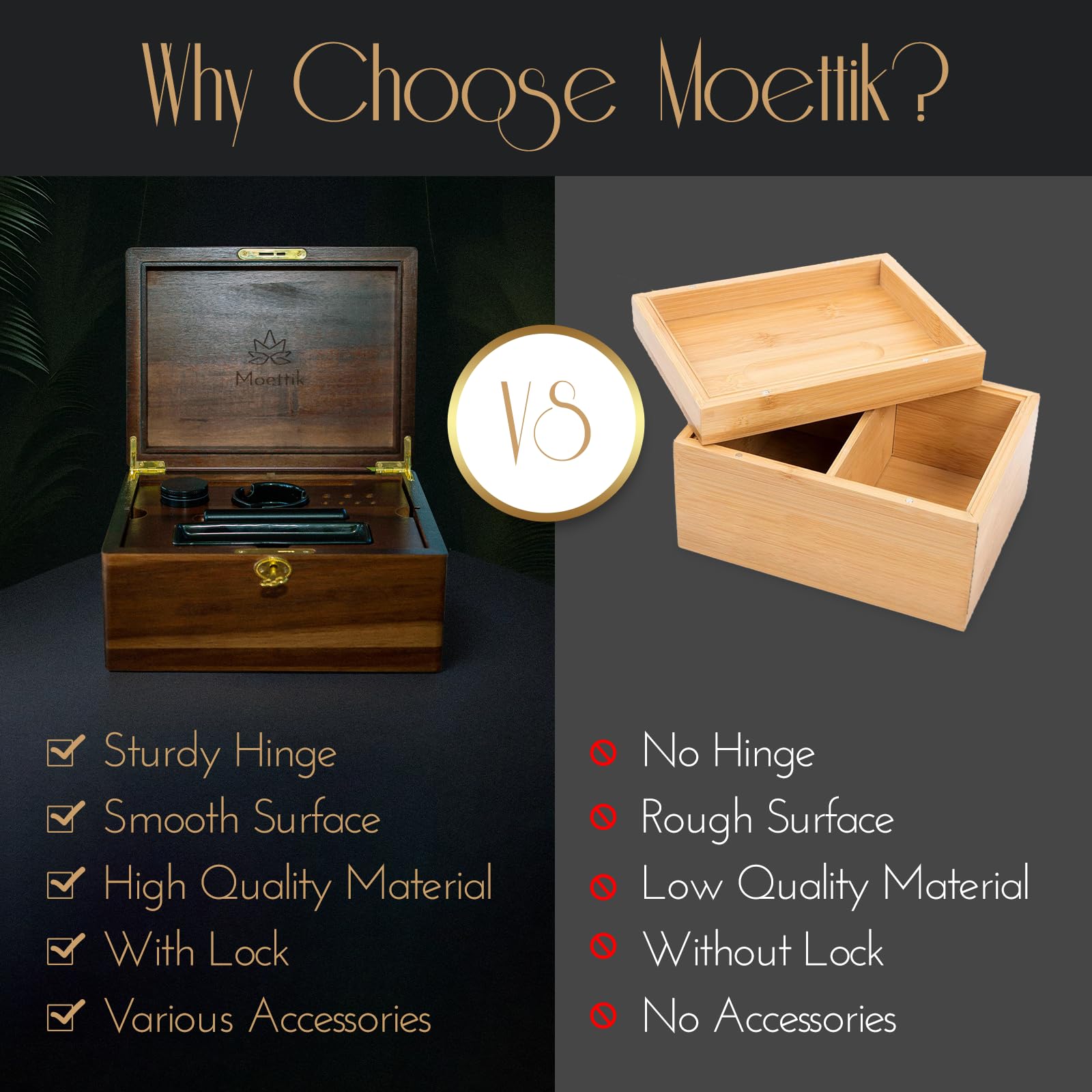 Moettik Premium Storage Box -Acacia Wooden Smell Proof Locking Storage Box with Accessories Removable Wood Tray, Glass Jars, Metal Tube, Ceramic Tray, Brush, Brown Upgraded Design