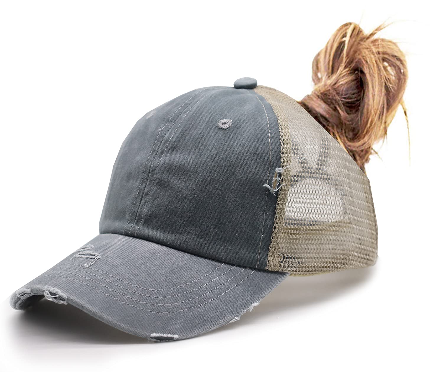 KKMKSHHG Ponytail Baseball Cap for Womens, Adjustable Vintage Trucker Washed Denim Dad Hat, Distressed High Mesh Messy Bun Velcro Ponycap