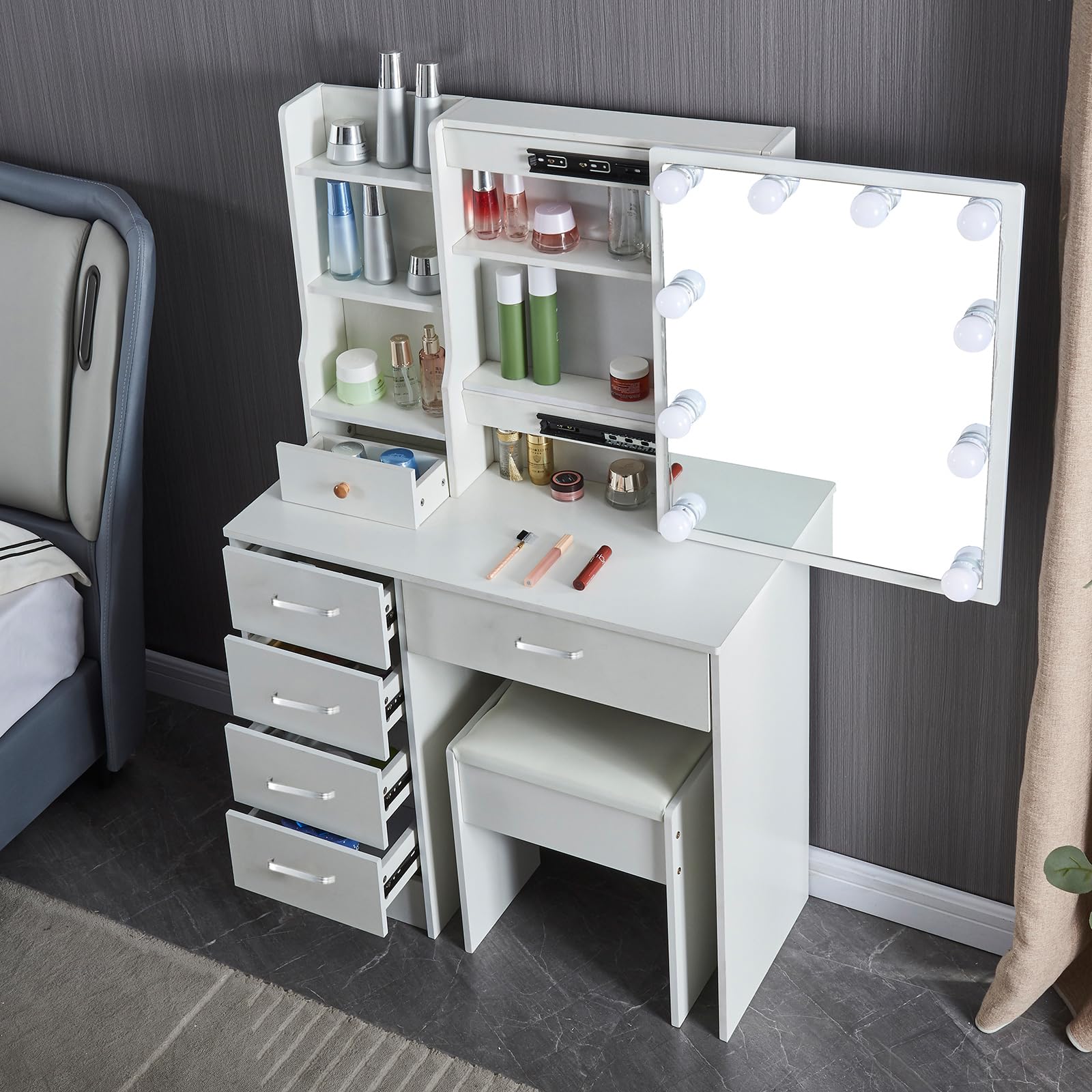 Kkonetoy White Modern Makeup Vanity Desk with Lights and Mirror, Vanity Dressing Table with Cushioned Stool, Makeup Vanity Table Set with Drawers for Girls Bedroom