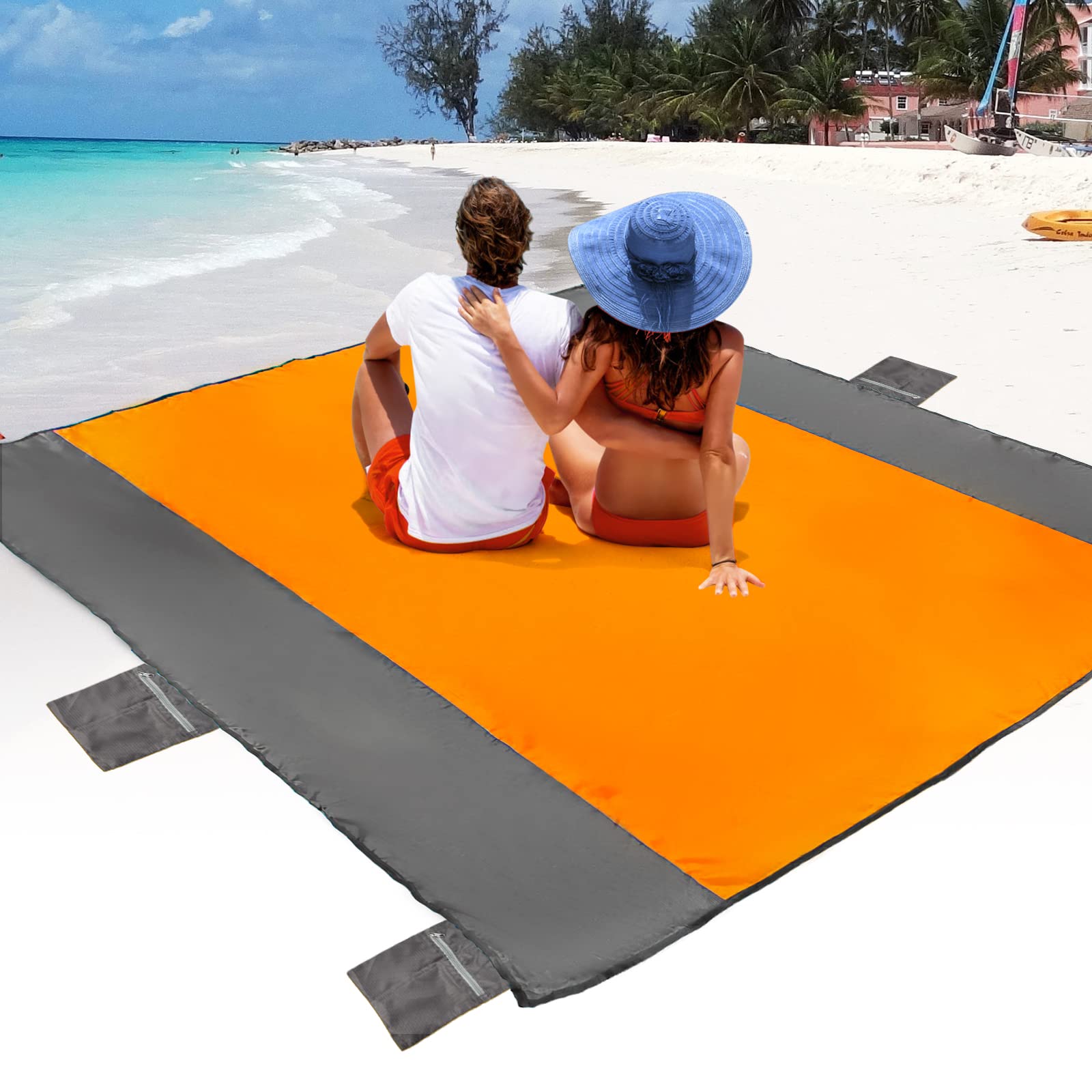 POPCHOSE Beach Blanket, Sandfree Beach Mat 108"x85.2"/83"x78" for 7 Persons, Extra Large Beach Blanket Waterproof Sandproof with 6 Stakes, Easy to Clean, Lightweight Compact Beach Accessories