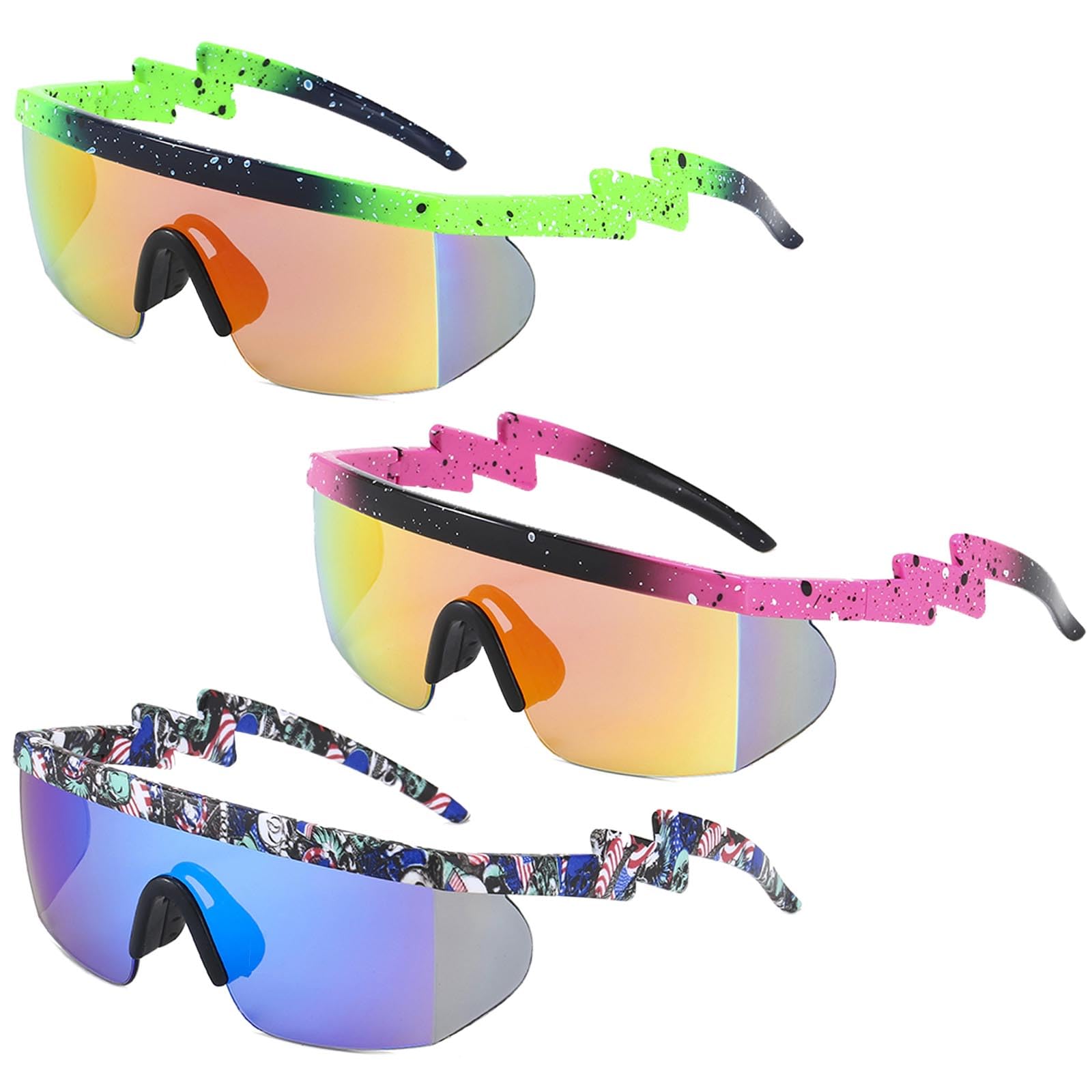Tongcloud 3 Pair Unisex Retro Neon Retro Semi Rimless Sunglasses 80s 90s Zigzag Sunglasses Lens Rainbow Sunglasses Sport Semi Rimless Sunglasses for Men Women (Cool Color)
