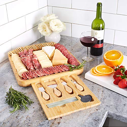 Noble Nest Bamboo Cheese Board and Knife Set with Drawer, Slate Labels, Marker & Travel Bag - Charcuterie Board Cheese Platter Great Gifts for Wine Lovers, Bridal Shower, Wedding