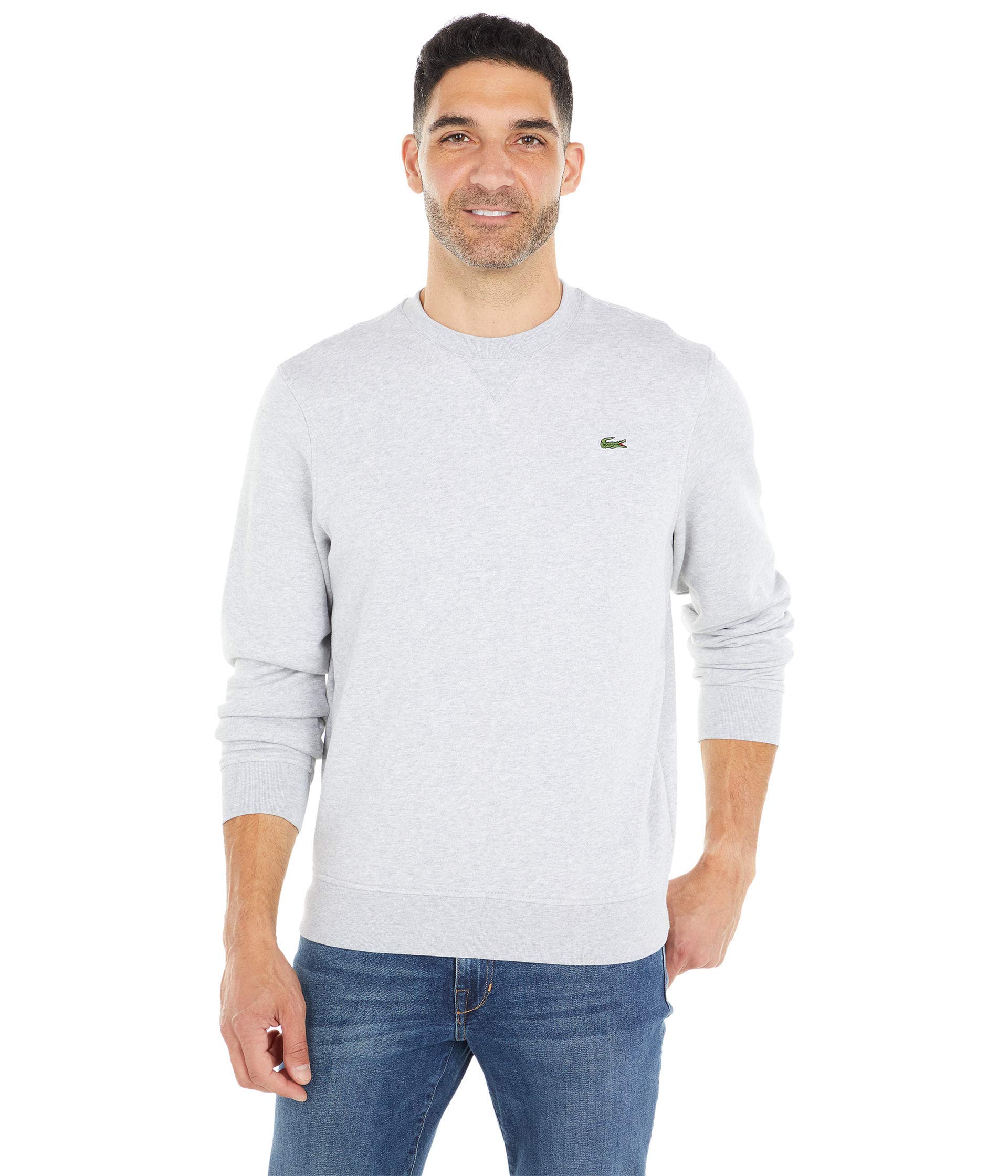 Lacoste Mens Crewneck Fleece Sweatshirt, Silver Chine/Elephant Green, Small US