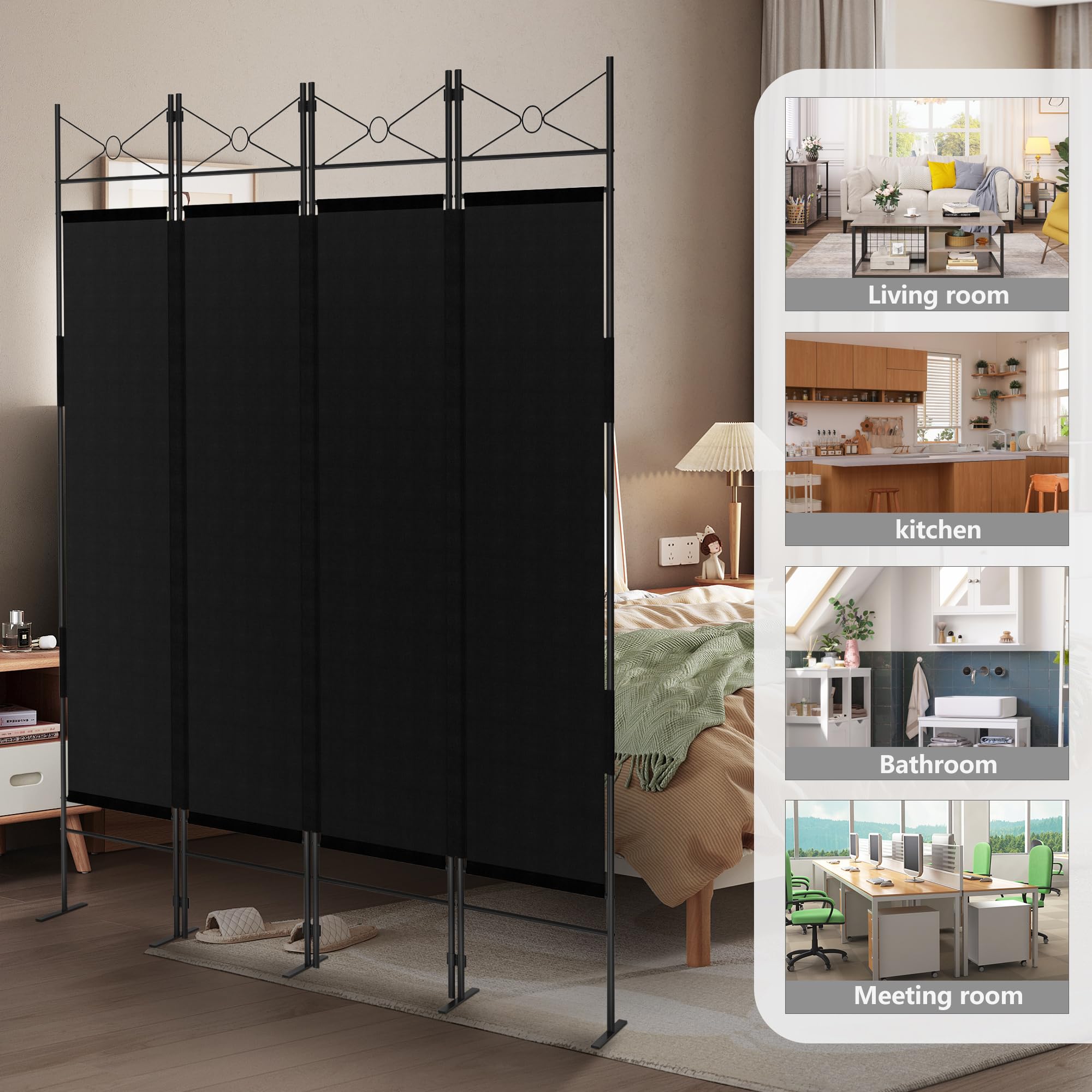 JAXPETY Upgraded 4-Panel Room Divider, 6 Ft Folding Privacy Screen with Pedestals, Freestanding Wall Divider, Portable Office Separator Bedroom Dorm Home Partition (Black)