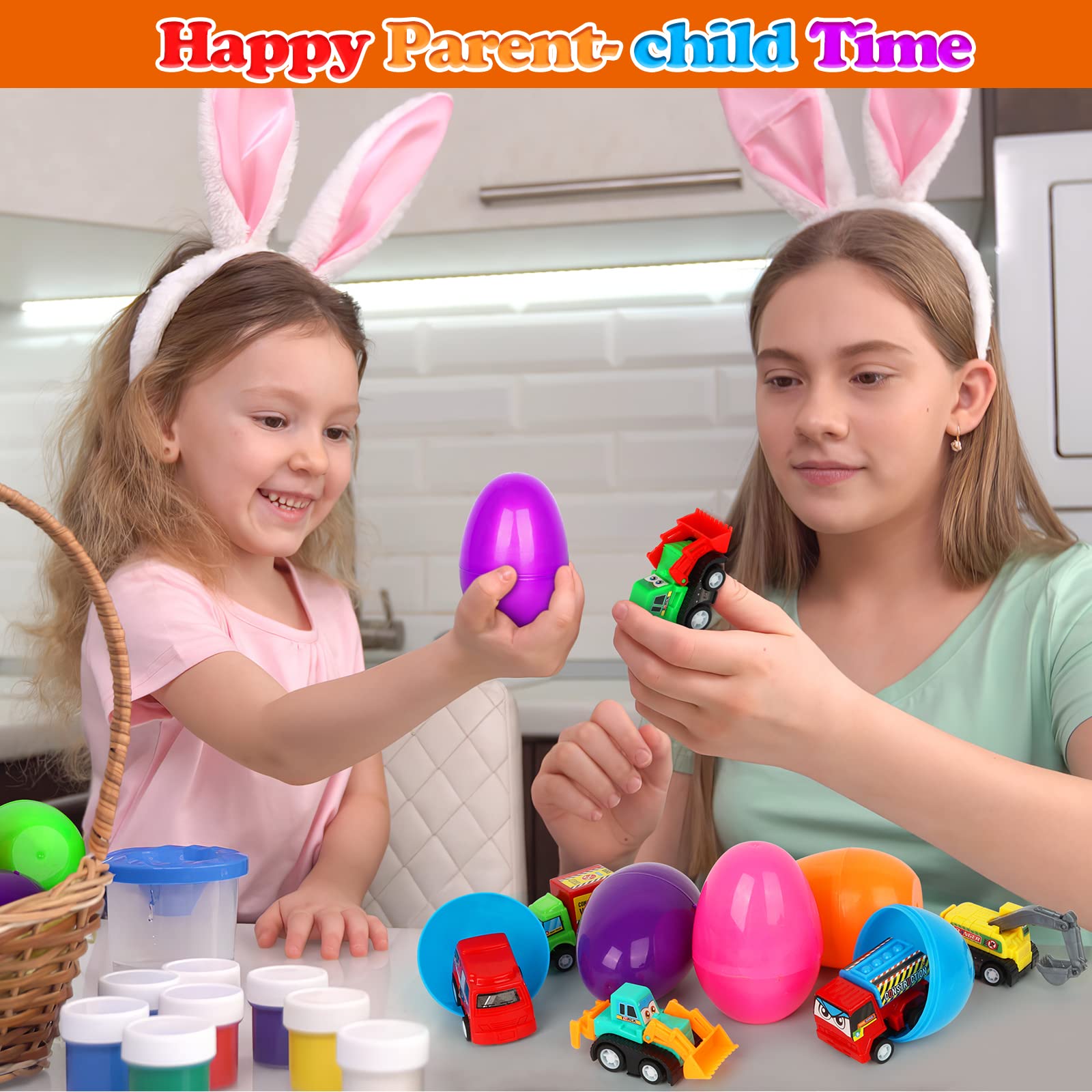 RAMXCION 24 Pack Easter Eggs Prefilled with Pull Back Cars Toy, Easter Egg Filled with Vehicle Toys for Easter Hunt Party Favor, Easter Basket Fillers, Classroom Activity for Kids (24 Pack)