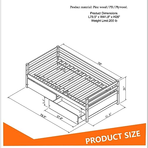 Twin Size Wooden Daybed Frame with 2 Storage Drawers, Multifunctional Sofa Bed with Wood Slat Support for Living Room Boys Girls Adults, No Spring Box Needed, Space Saving (White)