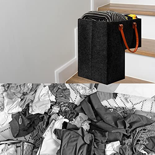 L-Shaped Stair Basket with Leather Handle for Carpeted Stairs, Foldable Staircase Basket for Wooden Stairs, Storage, Organizer, Home Decor(Black)