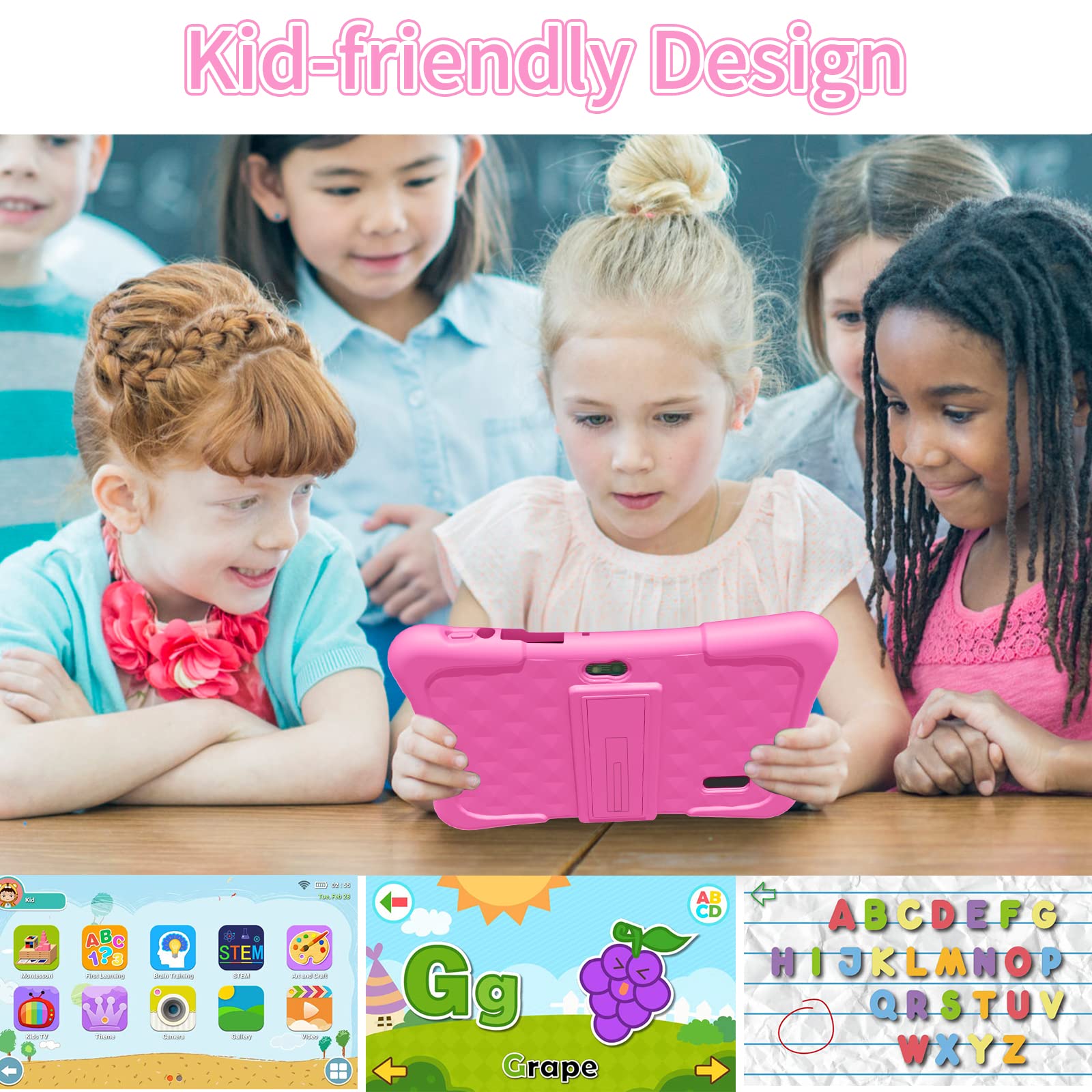Kids Tablet, 7 inch Android Tablet for Kids, 6GB RAM 32GB ROM Toddler Tablets with Case, Bluetooth, WiFi, Parental Control, 2MP+2MP Dual Camera, FM, Educational, Games (Pink)