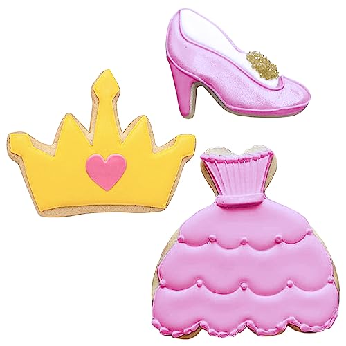 Princess Cookie Cutters 3-Pc Set Made in USA by Ann Clark, Crown, Glass Slipper, Dress