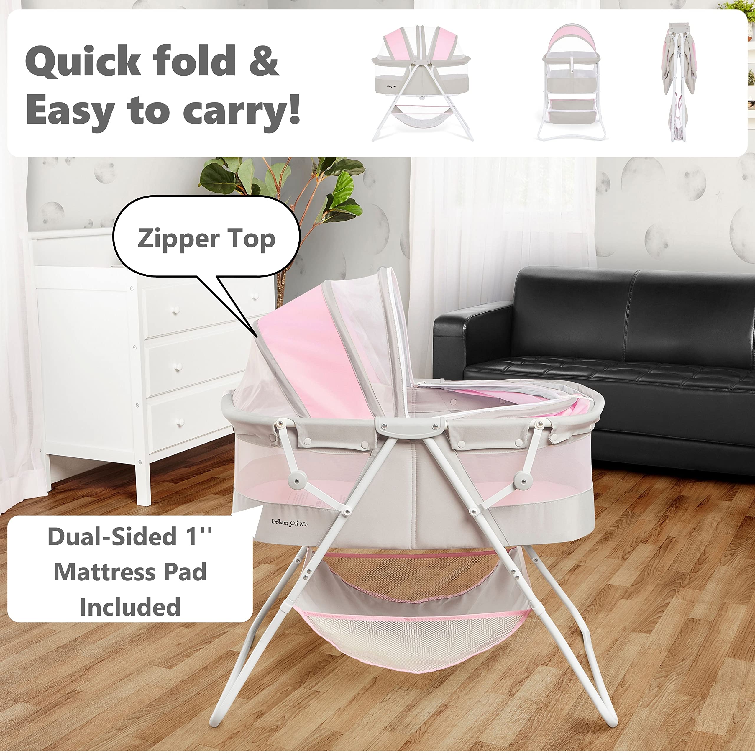 Karley Baby Bassinet in Grey and Pink, Lightweight Portable, Quick Fold and Easy to Carry , Adjustable Double Canopy, Indoor and Outdoor with Large Storage Basket.