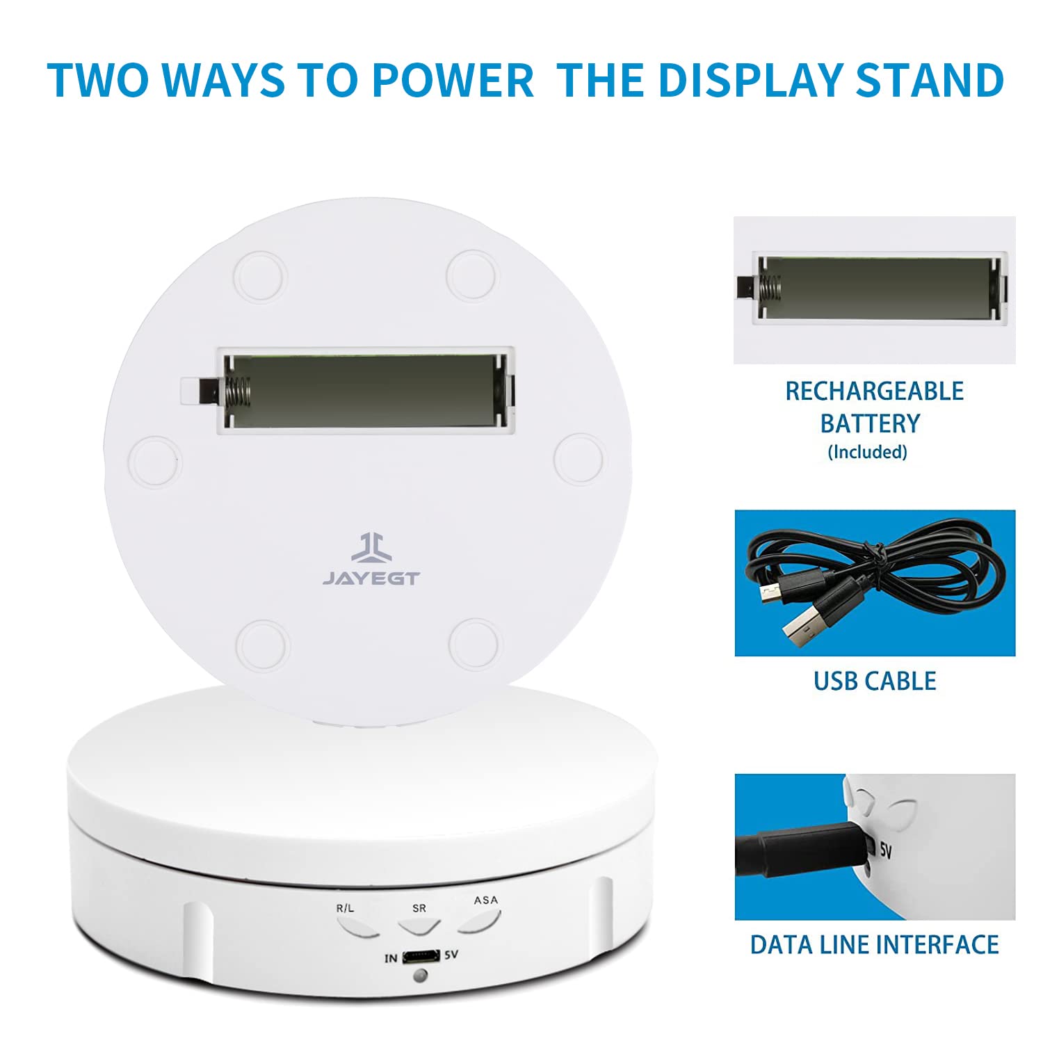 JAYEGT Motorized Rotating Display Stand, 5.74inch /22LB Load, 360 Degree Electronic Turntable Display Stand for Photography Products Shows, Jewelry, Watch, 3D Models, Cake, White