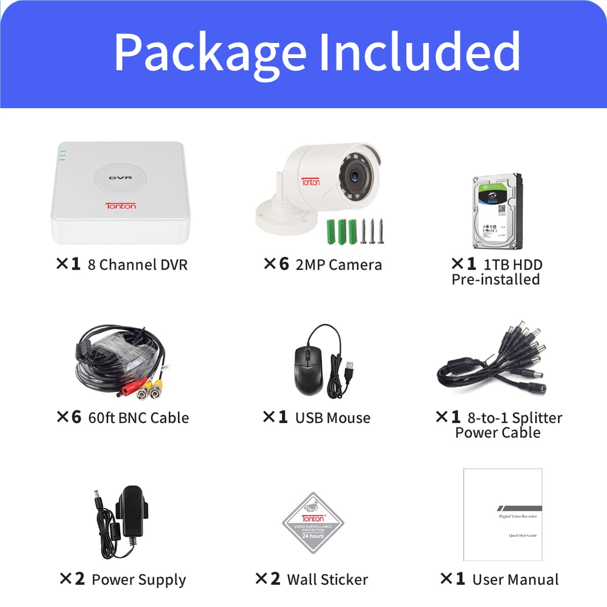 Tonton 5MP LITE Full HD Security Camera System,10 Channel Hybrid DVR Recorder with 1TB HDD and 6PCS 2MP Outdoor Bullet Cameras,Full Metal Housing,Free App&Email Motion Alerts,Easy Remote Viewing