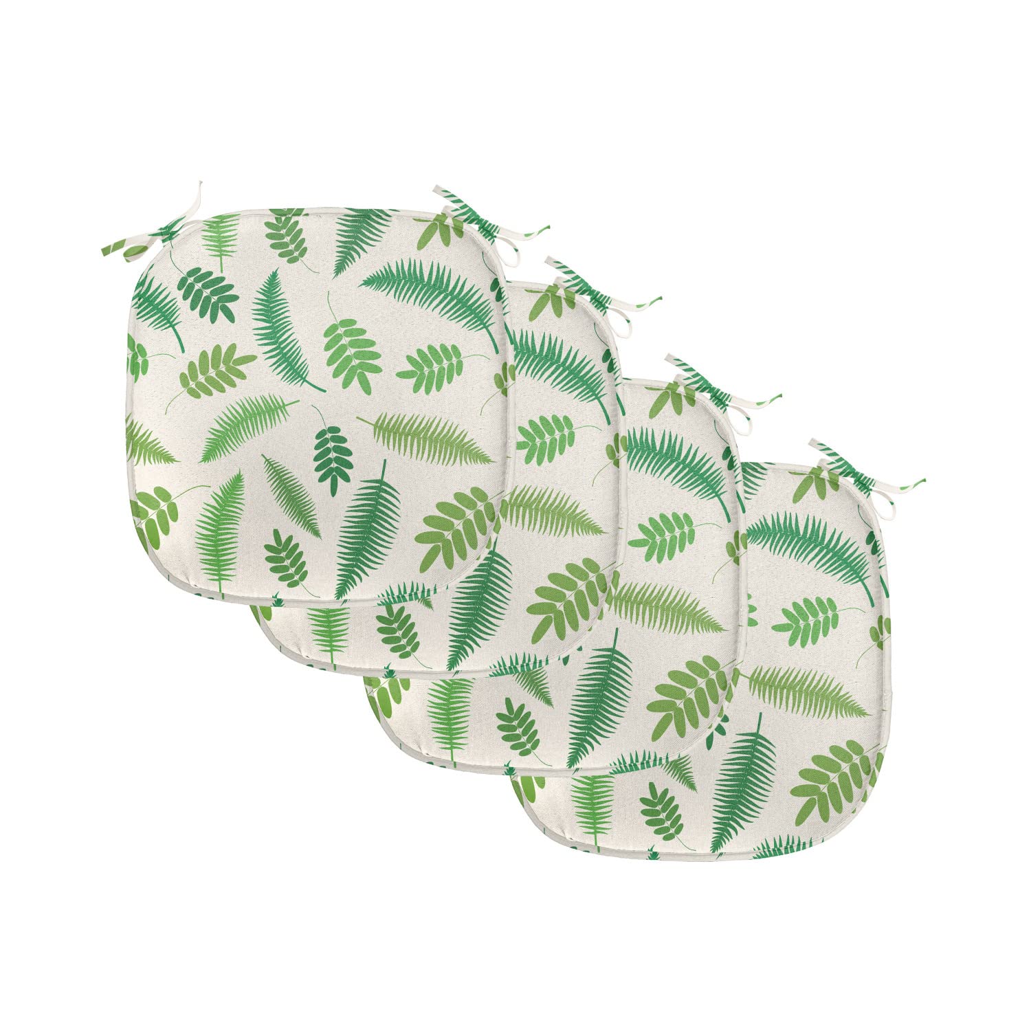 Lunarable Fern Pattern Chair Seating Cushion Set of 4, Nature Botanical Design Art Image Various Style Fronds Illustration, Anti-Slip Seat Padding for Kitchen & Patio, 16"x16", Ivory and Lime Green