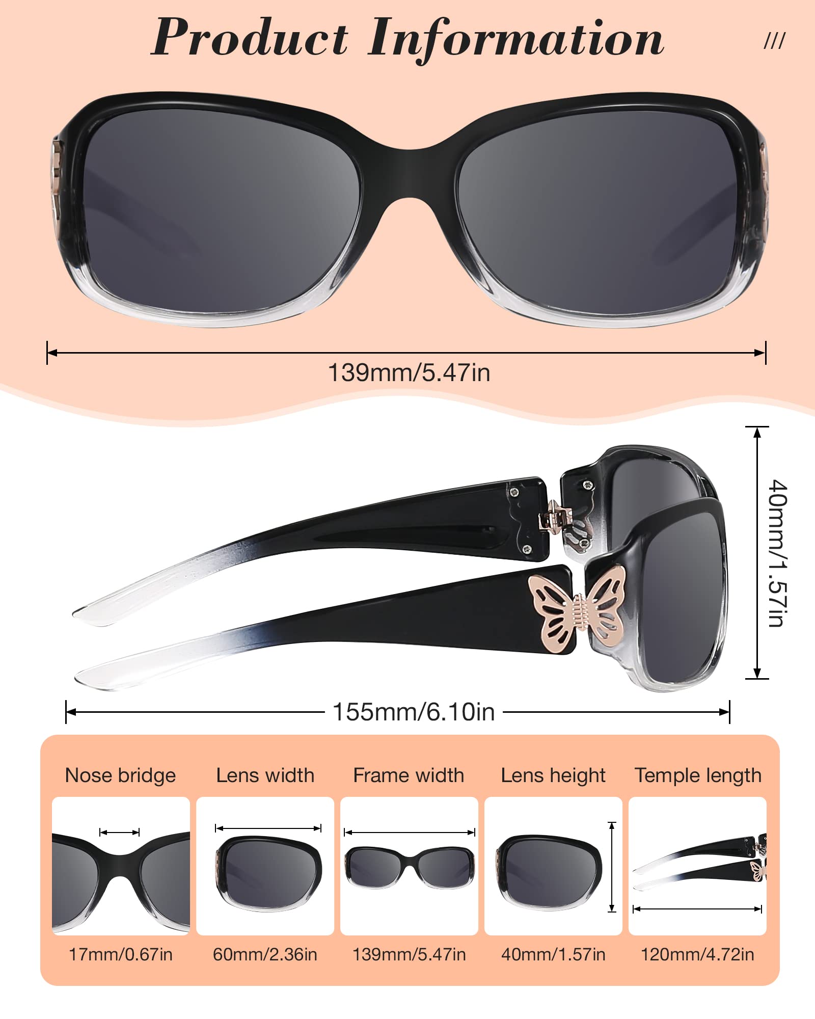 LVIOE Polarized Sunglasses for Women, Fashion Butterfly Decoration Driving Fishing-99.99% UV Protection