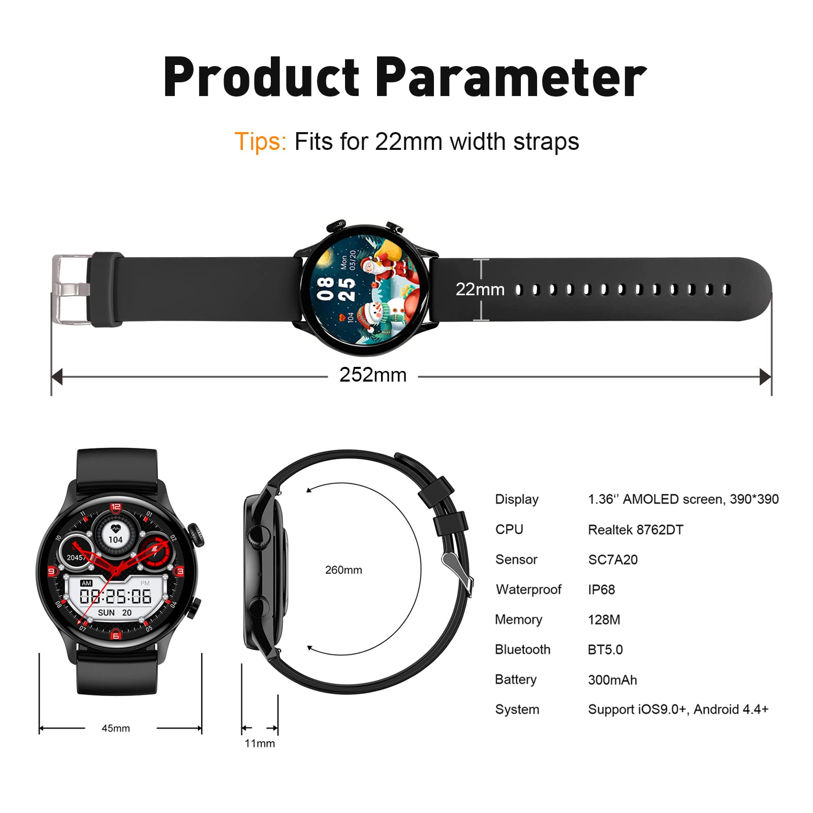 Smart Watch 2022(Bluetooth Call Receive/Dial),1.36" AMOLED Display Smartwatch Fitness Tracker with Call/Text/Heart Rate/Sport Modes, Watches for Men Women, Android/iOS (Black)