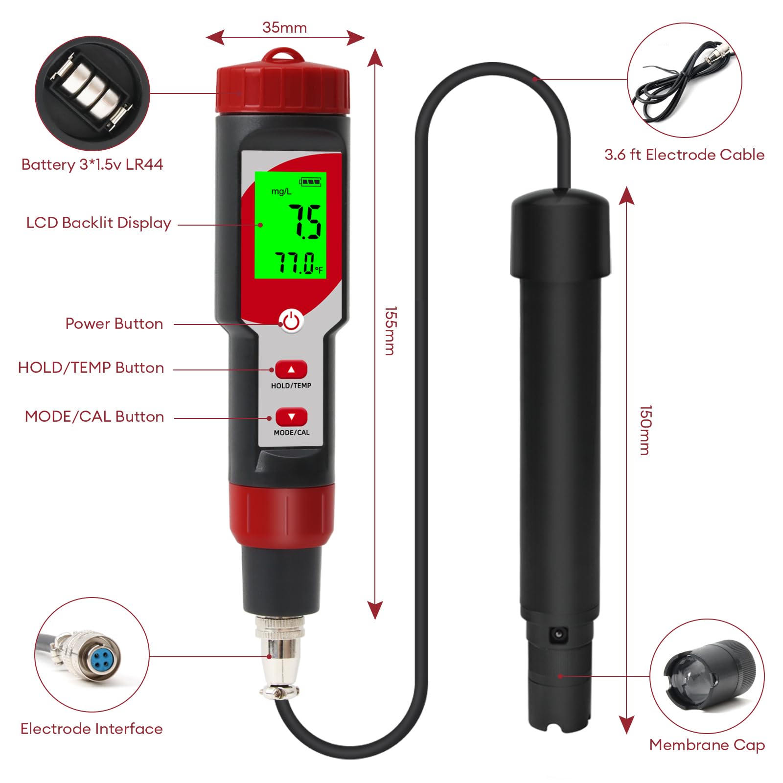 Yewhick Dissolved Oxygen Meter with 3.6 Ft Electrode Cable, Digital Dissolved Oxygen Test Kit with ATC, DO Meter for Water, Aquaculture, Fish Pond, Beer Brewing, Range:0.0‑40.0mg/L