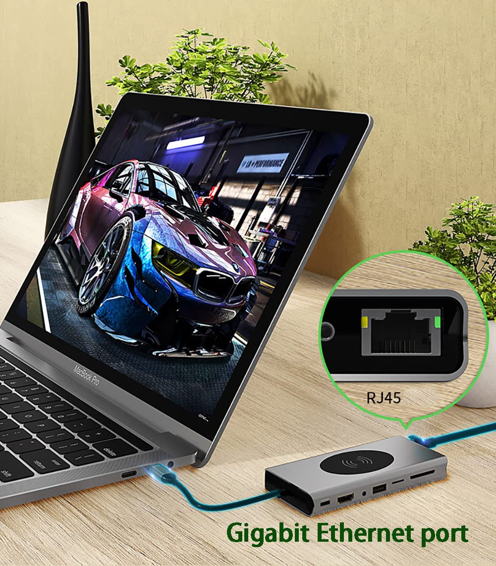 USB C Hub,USB-C Laptop Docking Station,15 in 1 Type C Adapter Compatible for MacBook and Windows(HDMI VGA PD3.0 SD TF Card Reader Gigabit Ethernet USB Ports)