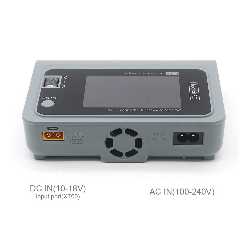 ToolkitRC Q4AC XT60 US Plug 4x50W 5A AC 100W 4 Port DC Smart Charger AC DC Smart Charger IPS Bright Clear Wide Angle Display