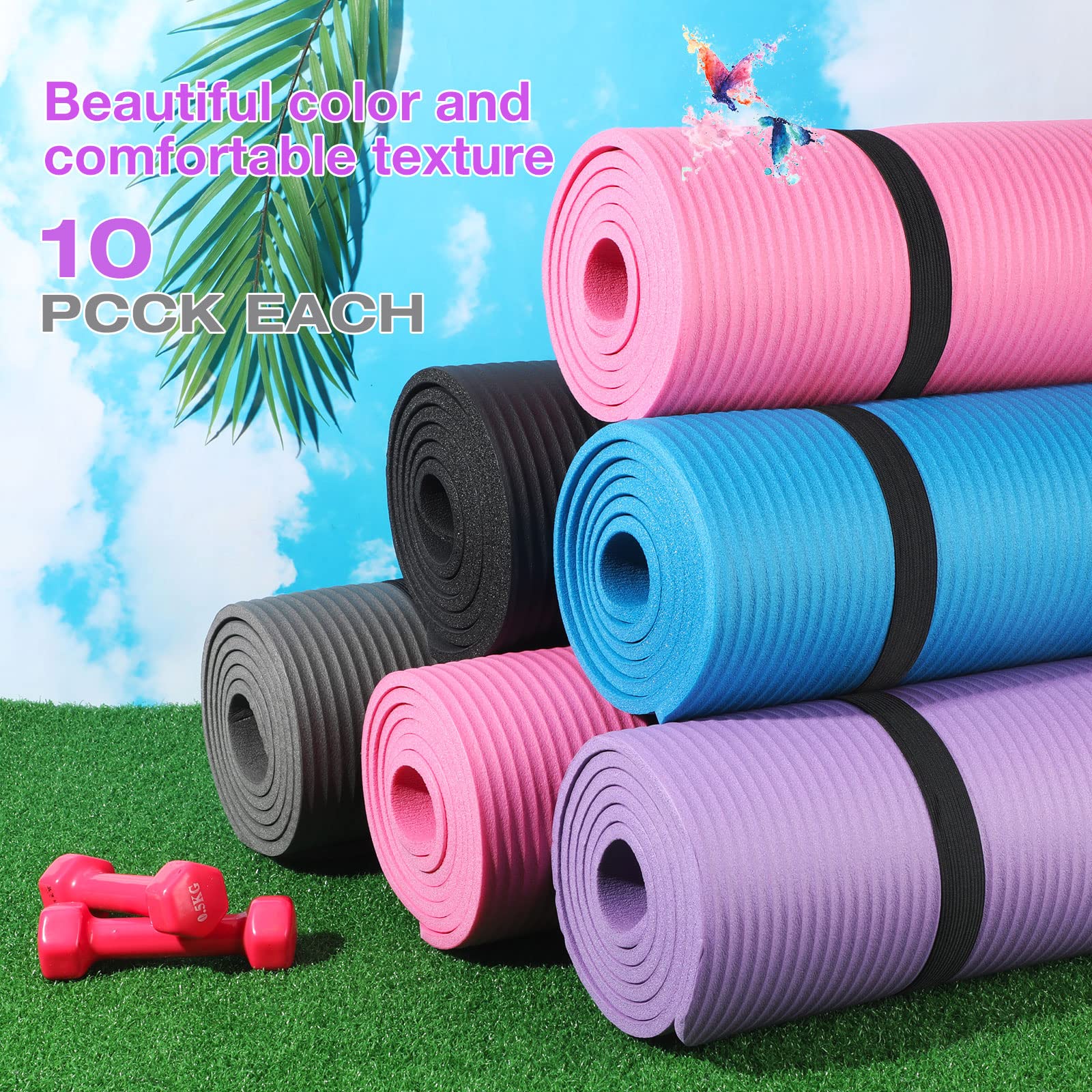 Riakrum 10 Pcs Yoga Mats Bulk 72 x 24 x 0.3 Inch Thick Exercise Mats Non Slip Mat Gym Mats Bulk for Yoga, Pilates, Workout, Stretching