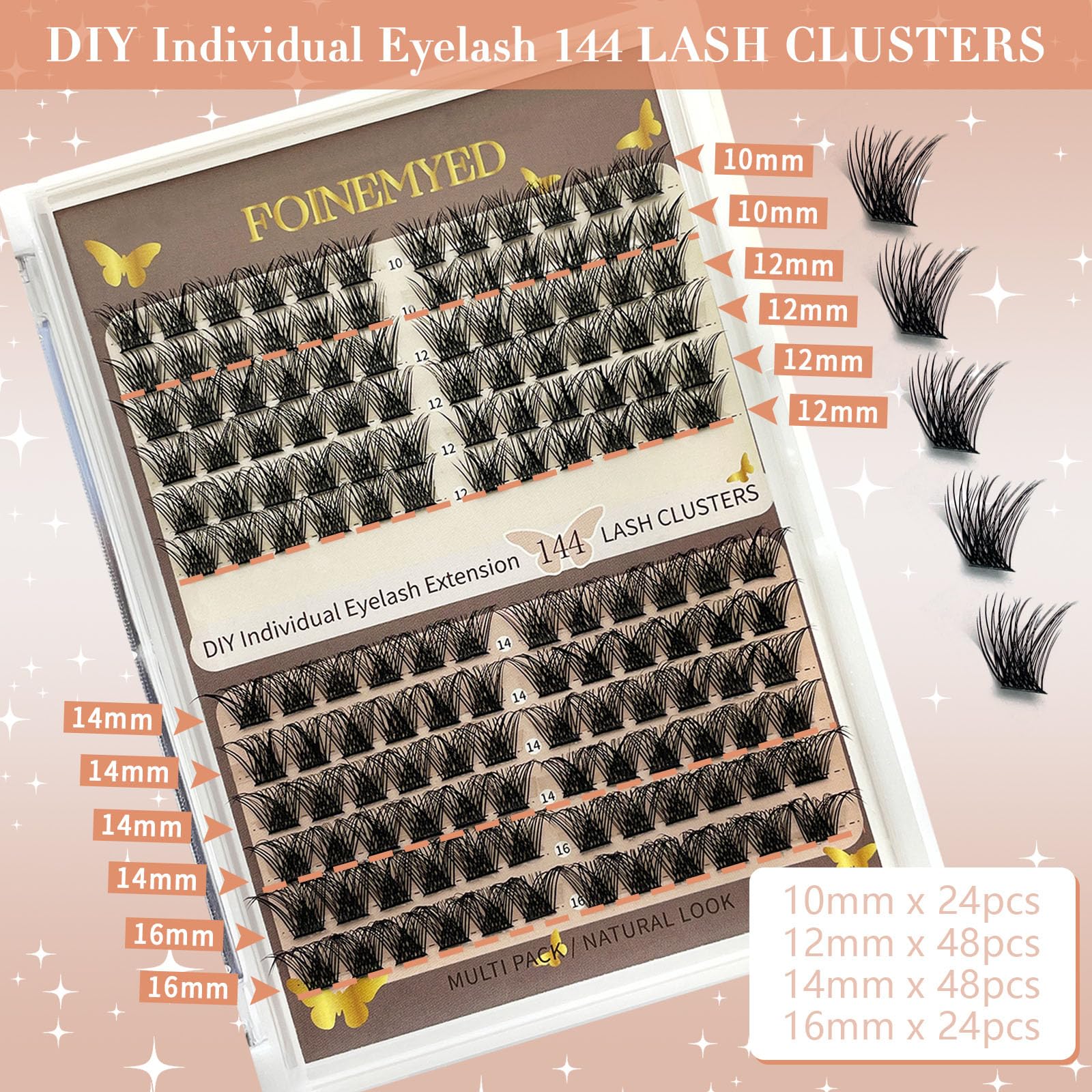 Lash Extension Kit 144 Pcs DIY Eyelash Extension Kit With Waterproof Lash Bond Glue And Seal And Lash Applicator DIY Wispy Lash Clusters C Curl 10-16mm Mix Volume Individual Lashes Extension Kit DIY at Home By FOINEMYED
