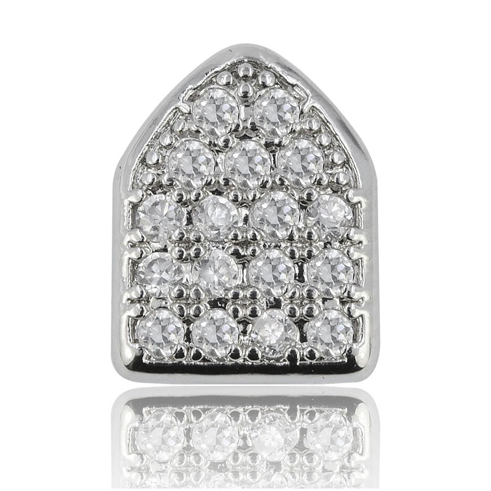 JINAO 18k White Gold Plated Single Tooth Hip Hop Bling Cap Canine Teeth CZ Iced-out Grillz (Silver)