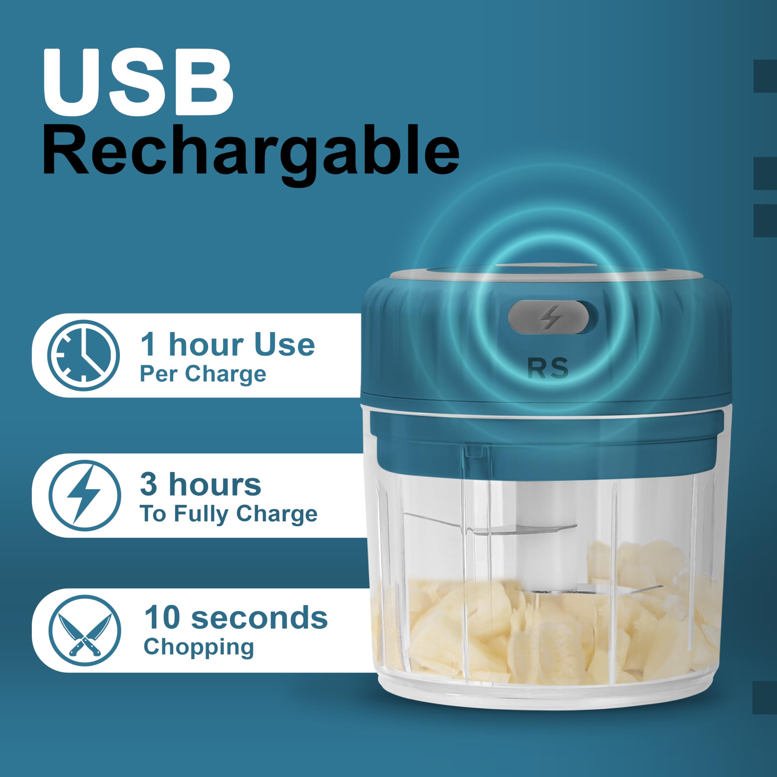 Real Simple Electric Mini Food Processor | Great for Garlic, Onion, Ginger, JalapeƱo, Mini Chopper for Quick Food Prep Station | Portable USB Charging, 250 ML Food Container | Blue