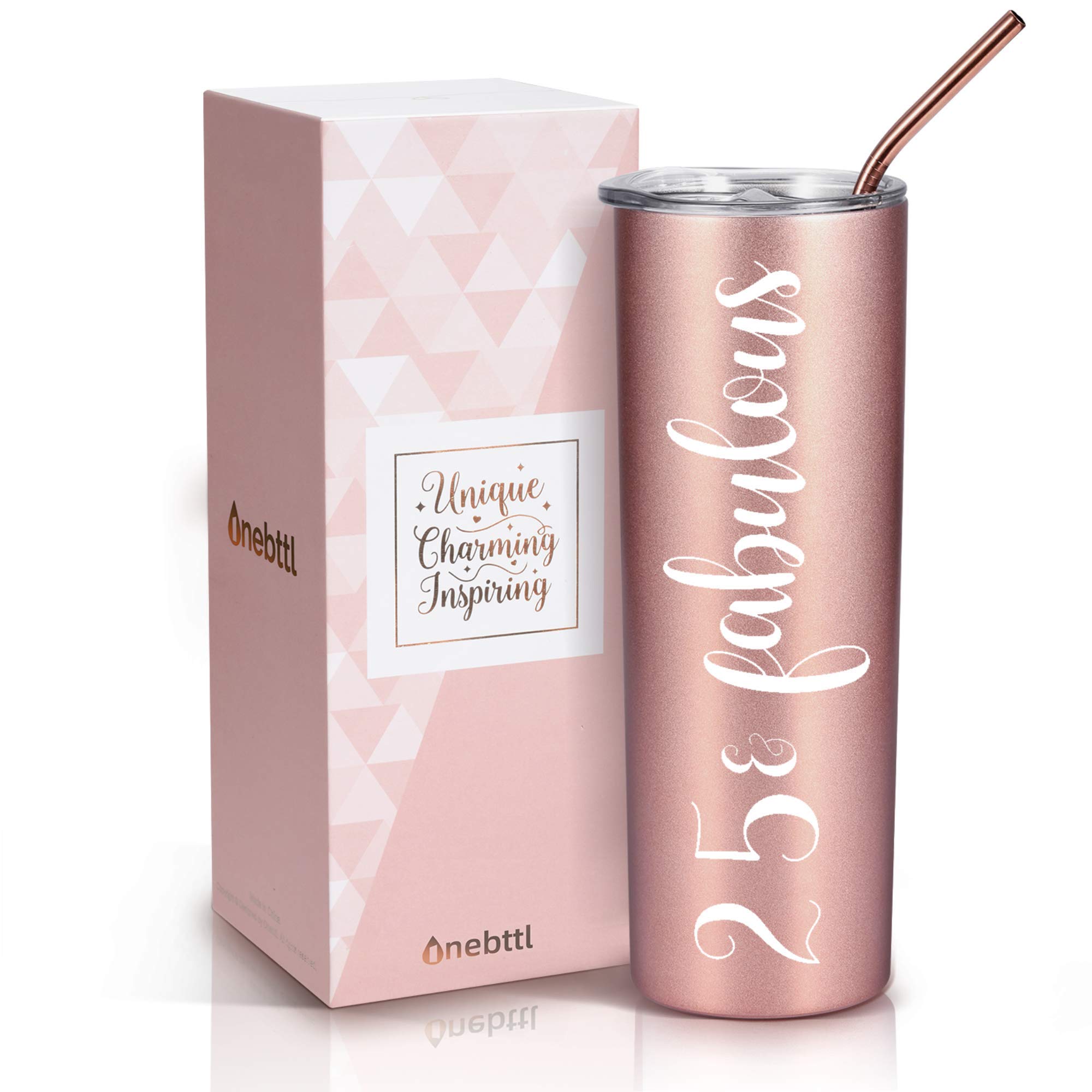 Onebttl 25 & Fabulous 20 Oz Insulated Stainless Steel Wine Tumbler, 25th Birthday Gifts Party Supplies Decorations for Women Funny Tumbler Gifts Idea for Friends Her Wife Mom Coworkers, Rose Gold