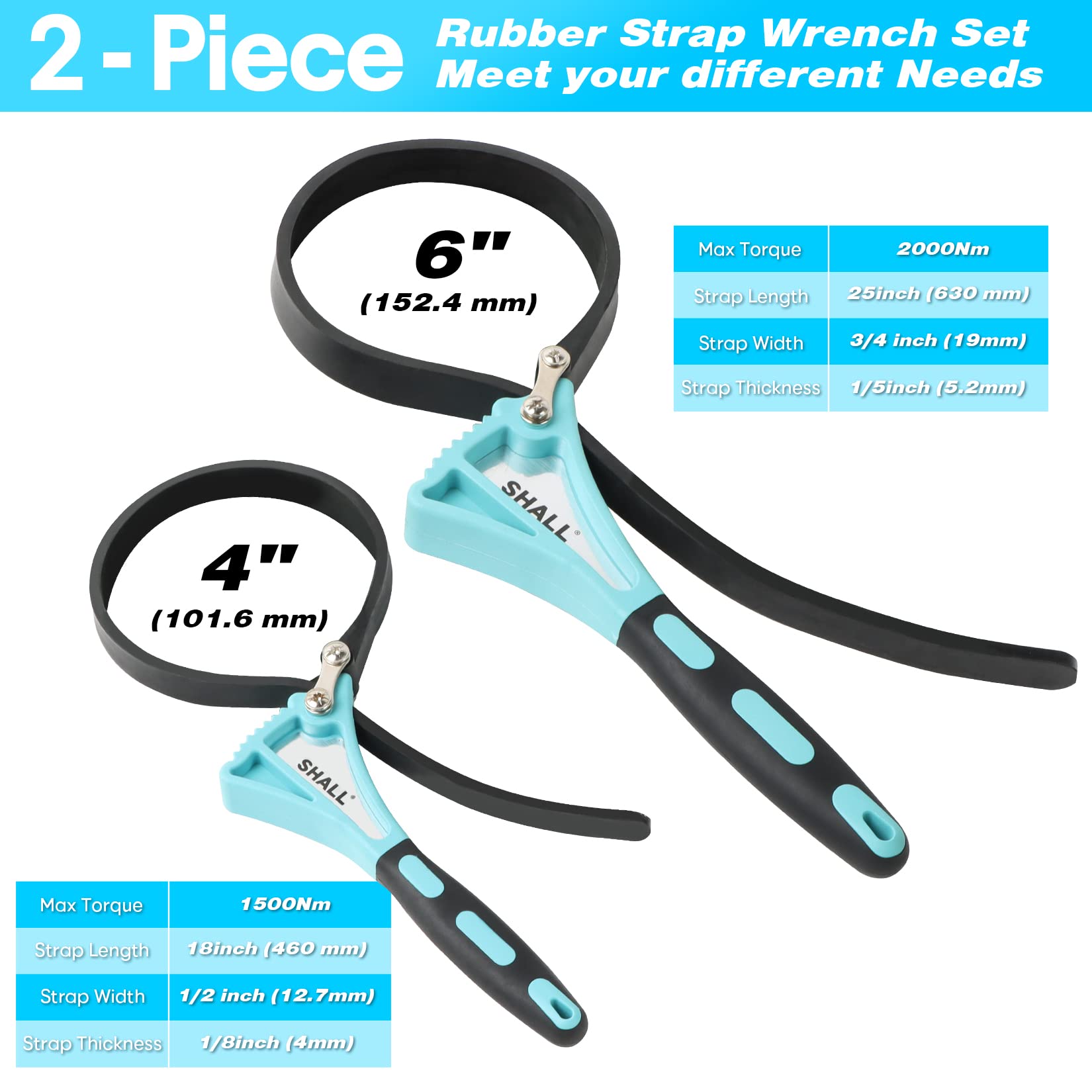 SHALL 2-Piece Rubber Strap Wrench Set, Adjustable Oil Filter Wrench, Jar Opener, 4" & 6" Max Rotation Diameter, Anti-slip Handle, 2-Pack PVC Gloves Included, for Pipe, Oil Filter, Jar, Water Faucet