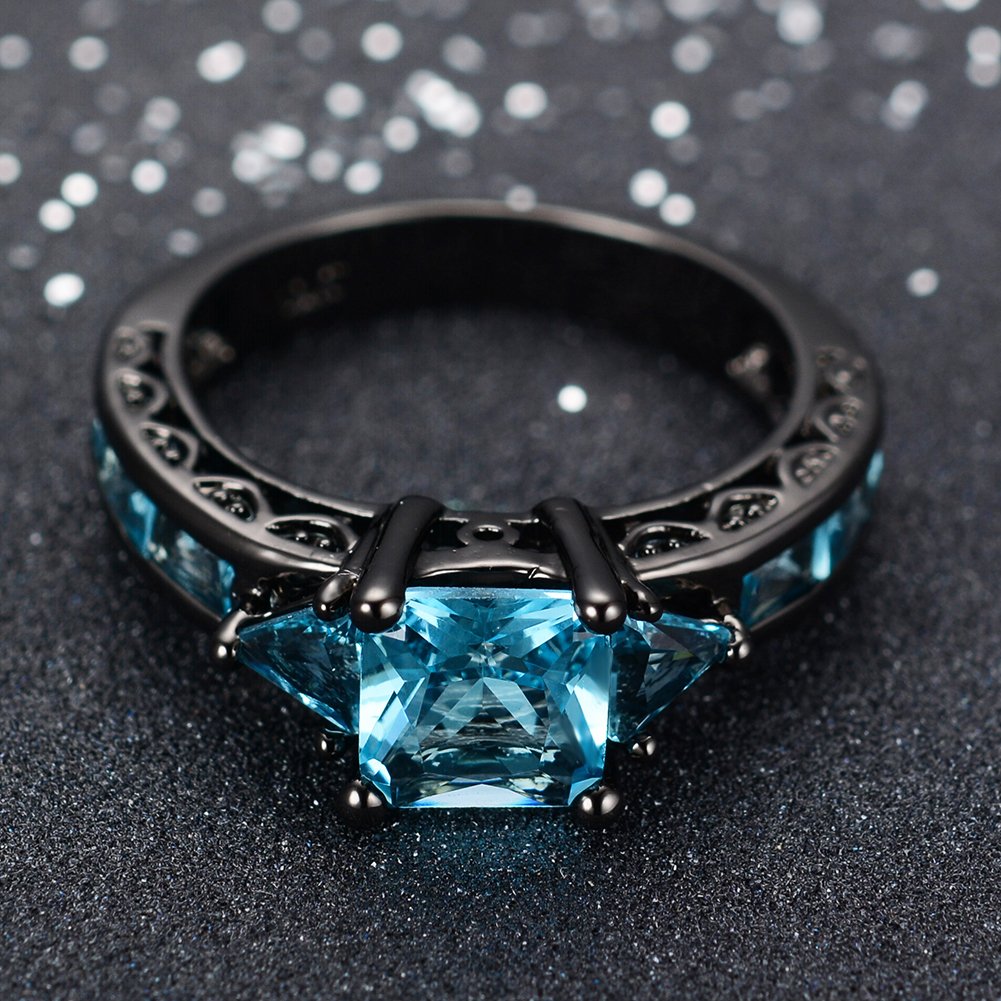 JunXin Black Gold Aquamarine Blue Diamond Antique Rings Princess Cut Wedding Size5/6/7/8/9/10/11(7)