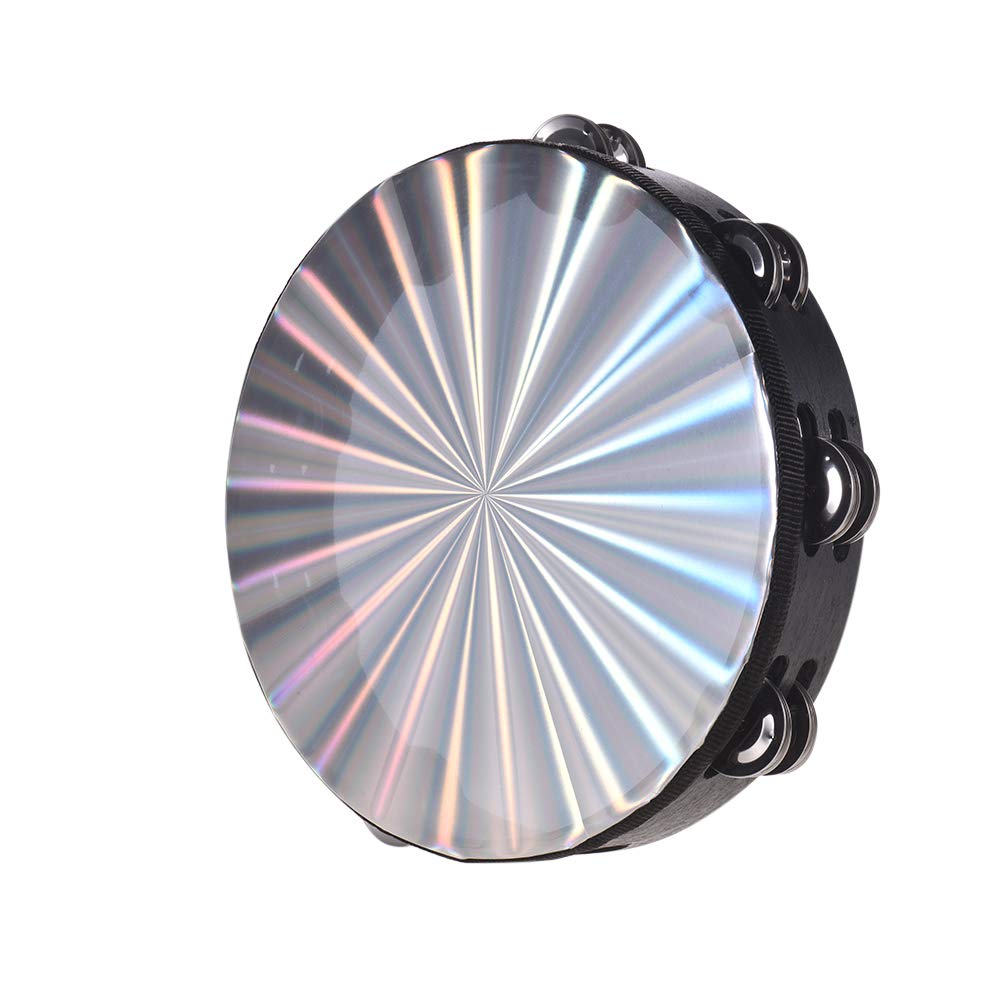 Mowind Tambourine Radiant 10 Inch Hand Held Drum with Double Row Jingles Reflective Drum Musical Instrument for Games KTV Party