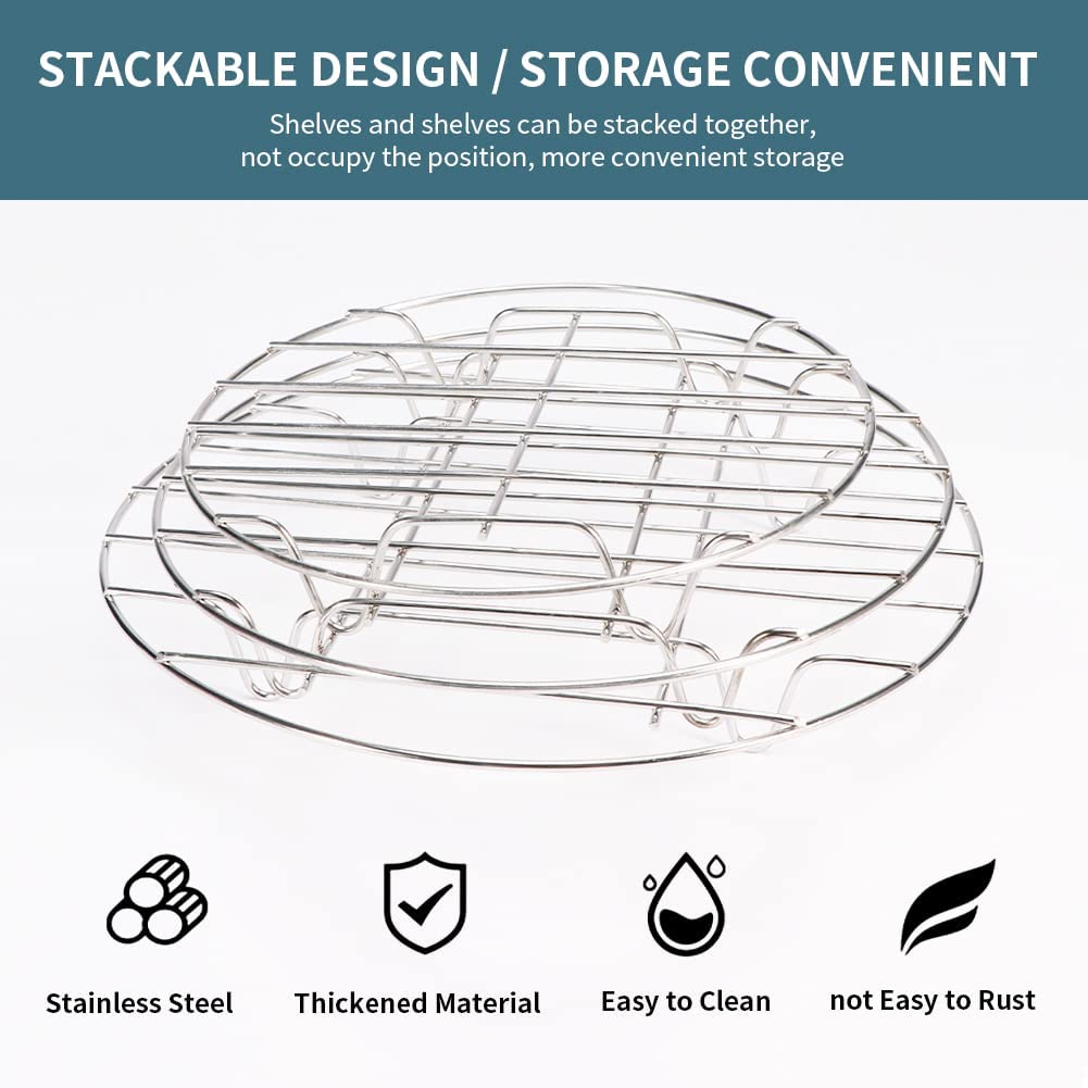 Round Cooling Rack - 3 Pack Steamer Racks Set - Stainless Steel Circle Roasting Rack, 3 Pcs (8" & 9" & 10") Steaming Cake Pot Rack with Hot Dish Plate Clip for Baking Cooking Grilling Wire Rack