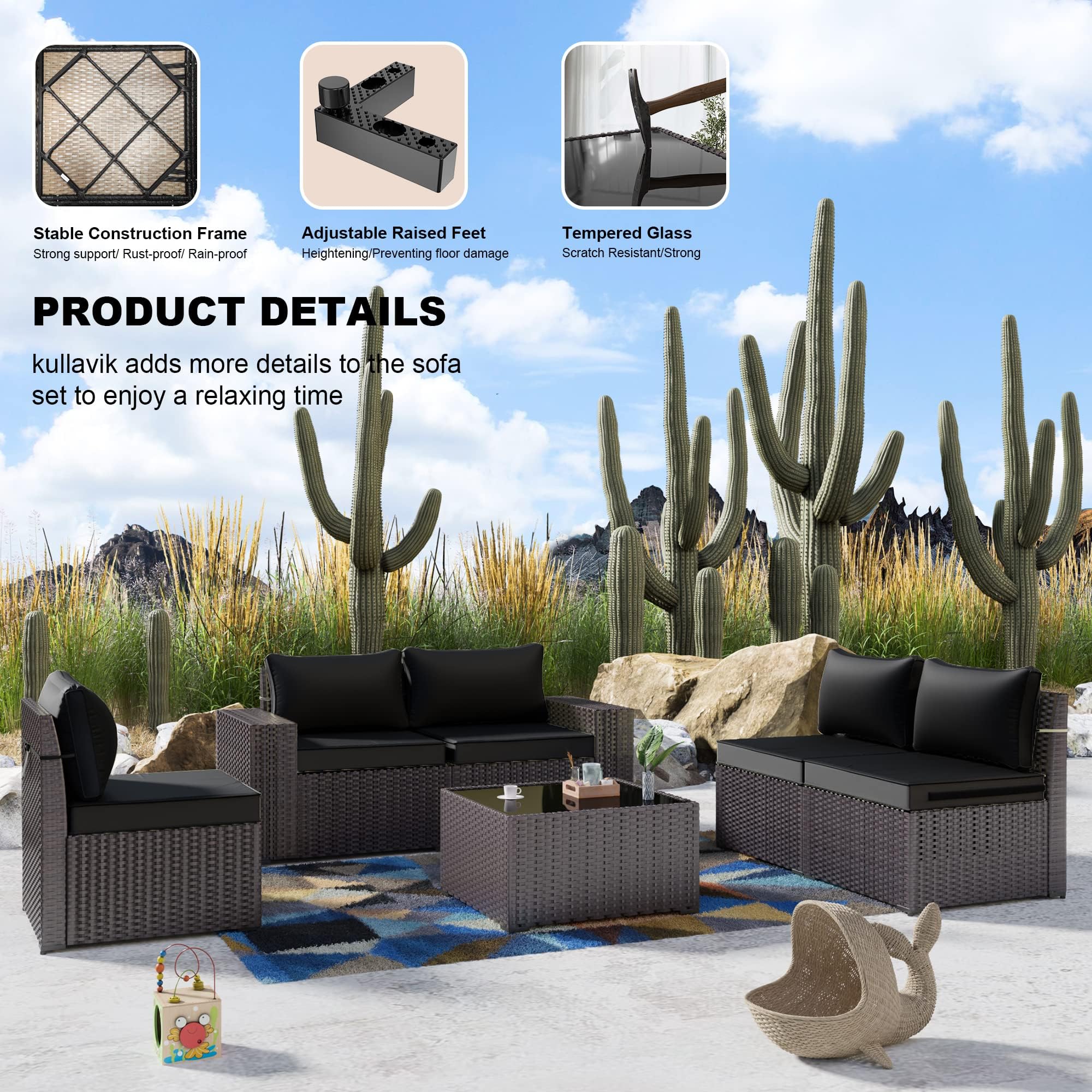 Kullavik 6PCS Outdoor Patio Furniture Set PE Wicker Rattan Sectional Sofa Patio Conversation Sets,Cream
