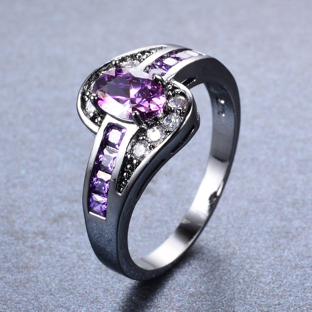 JunXin New Three 10KT Black Gold Wave Ring, Womans Wedding and engagement purple Cz Rings. size 7(purple Cz)