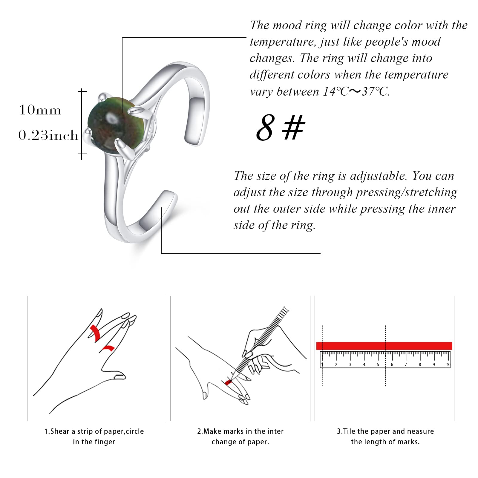 PCTJYFU Mood Rings 925 Sterling Silver Adjustable Open Ring for Women Color Change Stone Mood Ring for Women
