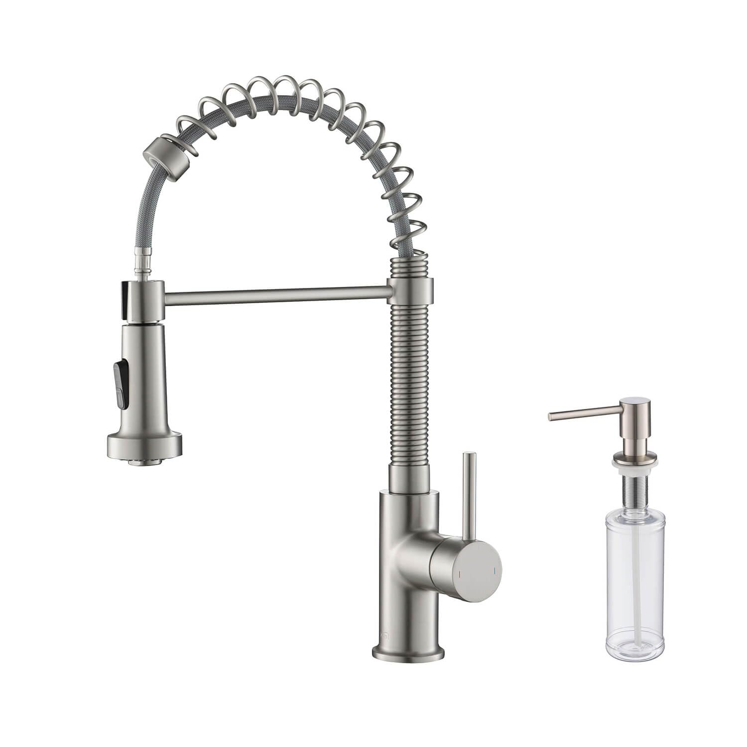 KIBI Aurora Single Handle Spring Pull Down Faucet for Kitchen Sink | Solid Brass High Arc Faucet Spout | Kitchen Faucet with Pull Down Sprayer (Brushed Nickel) (KKF2003) (Soap Dispenser included)
