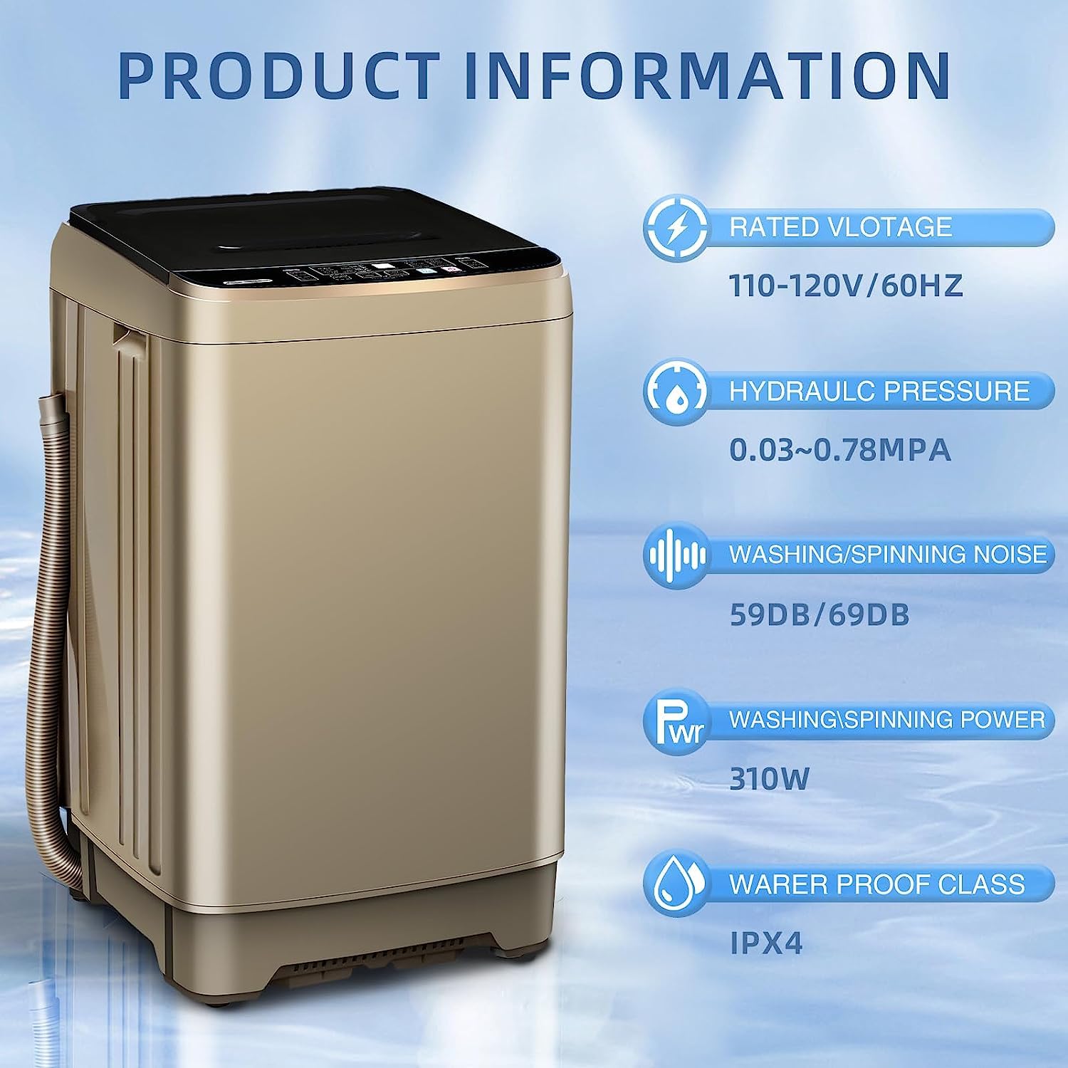 iTOTU Full Automatic Washing Machine, 15.6 lbs Top Load Portable Washer with Drain Pump, LED Display with 10 Programs & 8 Water Levels Selections, Ideal for Apartment, Dorm, RV