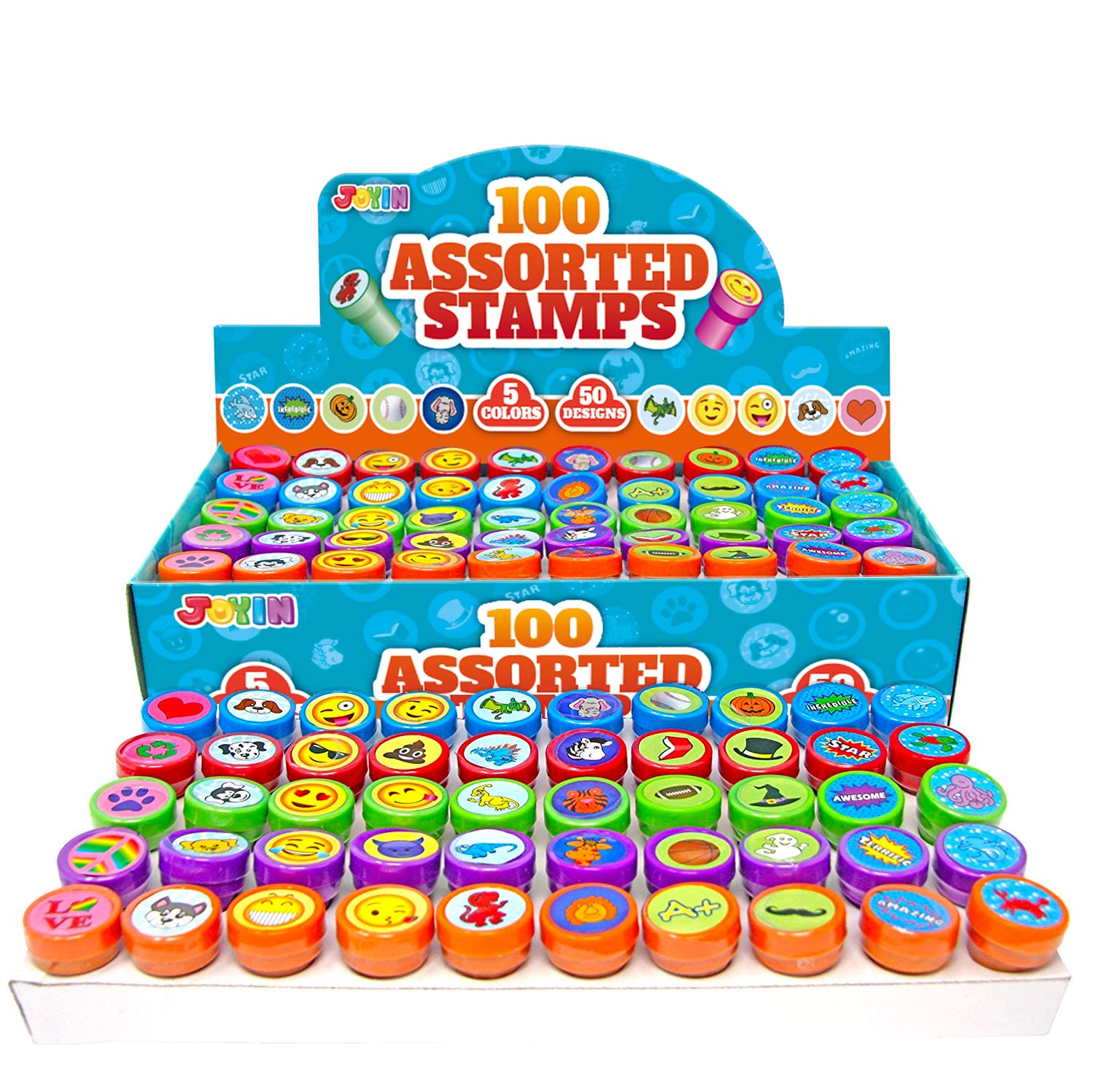 JOYIN 100PCS Assorted Stamps for Kids Self-Ink Stamps for Party Favor, Teacher Stamps, Kids Treasure Box, Prize for Classroom, Easter Egg Stuffers (50 Designs, Dinosaur, Halloween Stampers)