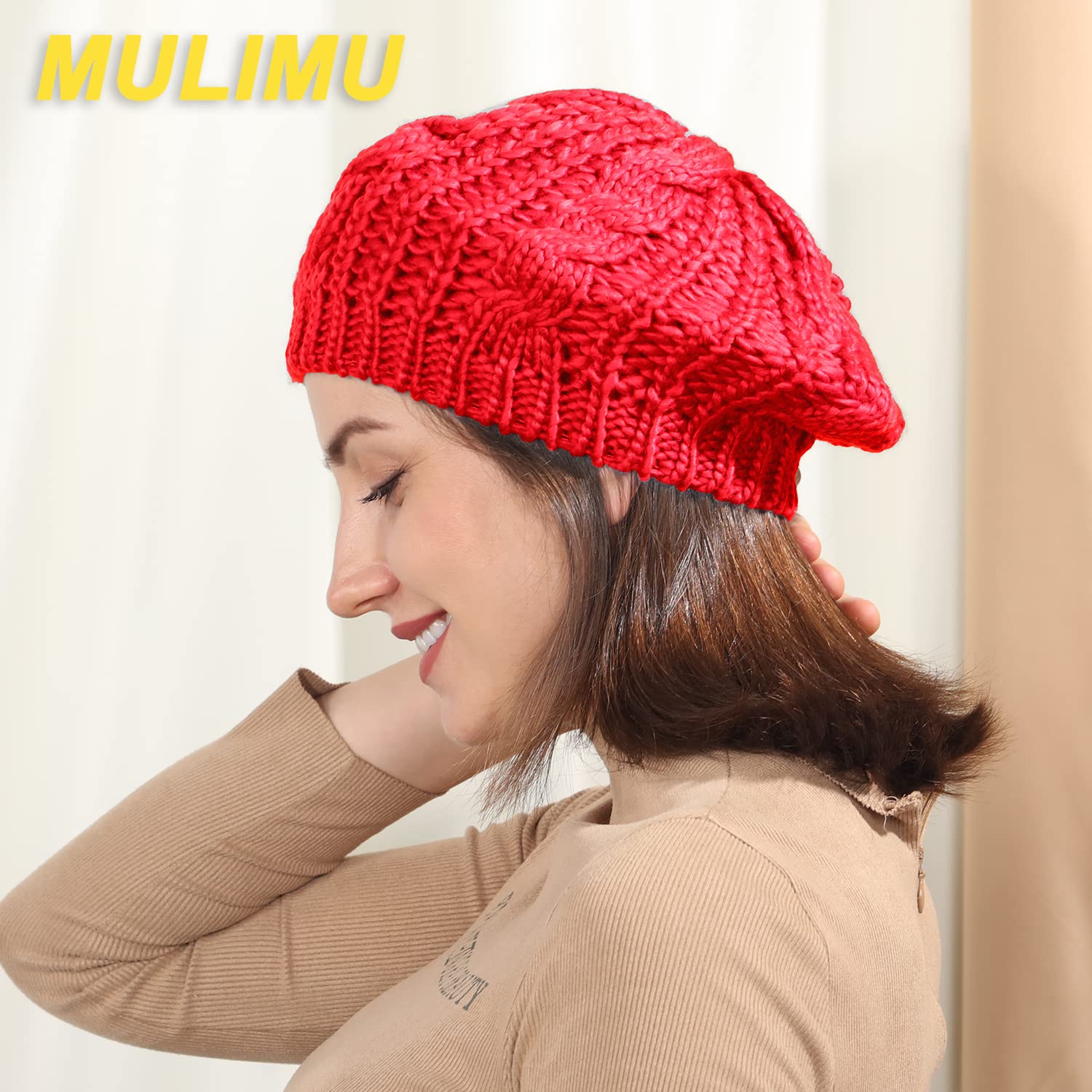 MULIMU 3 Pieces Women Fall Winter Ribbed Beret Beanie hat Warm Chunky Knit Beret Hat for Women (Black,Beige,Dark Gray)