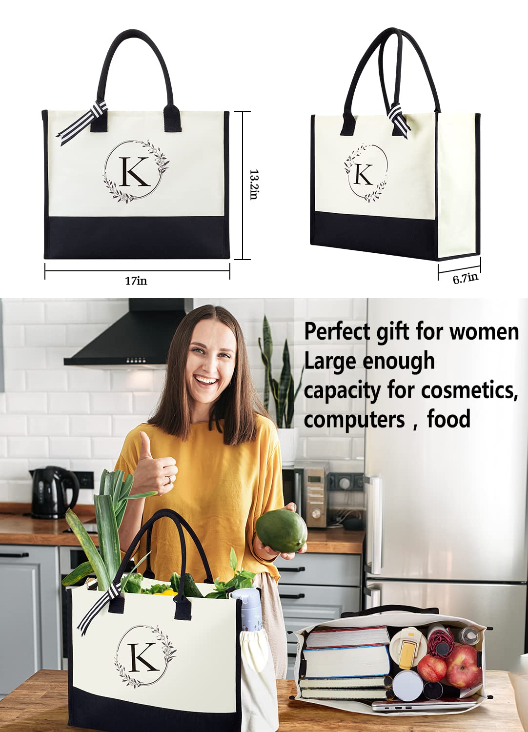 Initial Canvas Beach Tote Bag - Personalized Monogram Tote Zipper Side Pocket Letter Bag Adjustable Strap Initial Purses Birthday Bridesmaid Gifts for Women